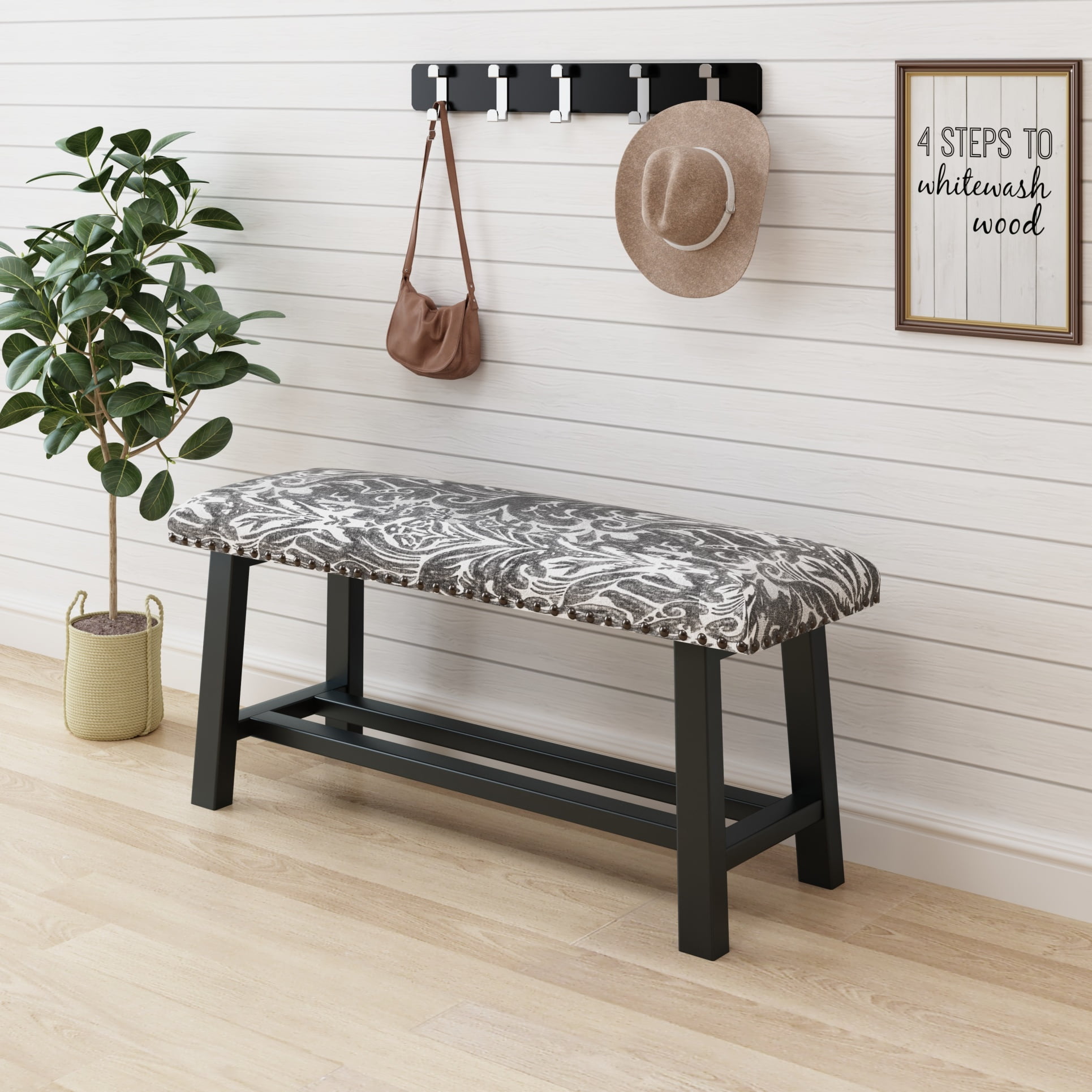 Upholstered Entryway Bench, 39-Inch Dining Bench with Rustic Wood Legs ...