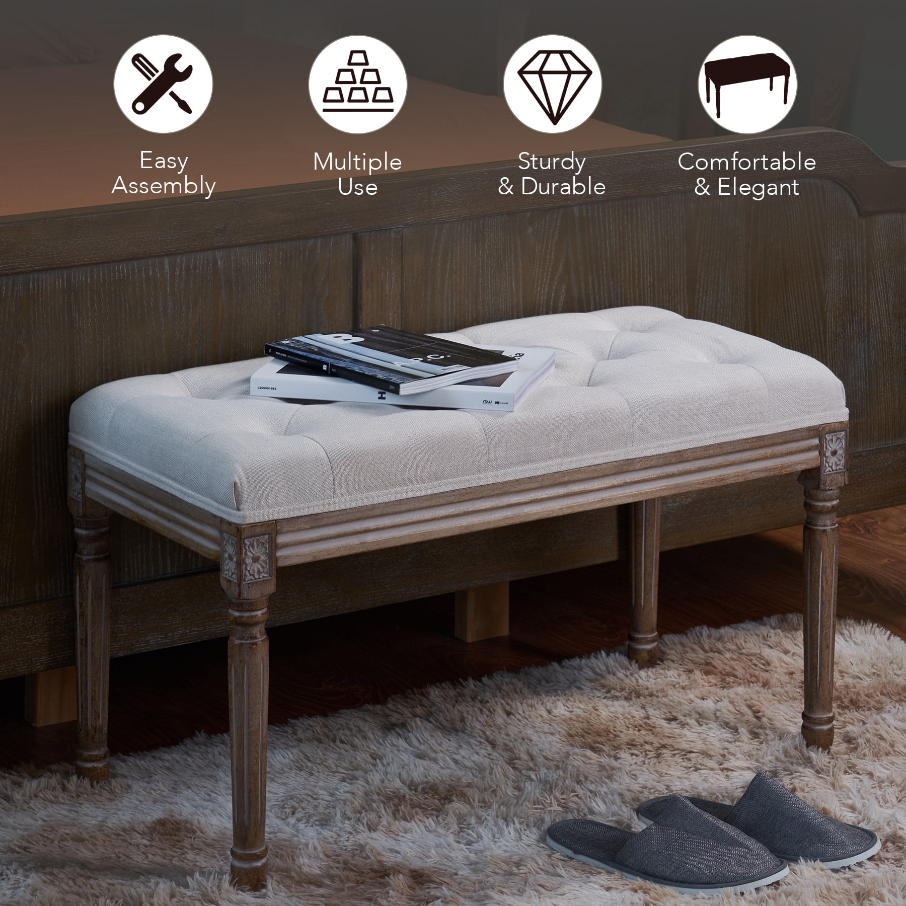 Upholstered Entryway Bench with Rubber Wood Legs for Dining Room ...