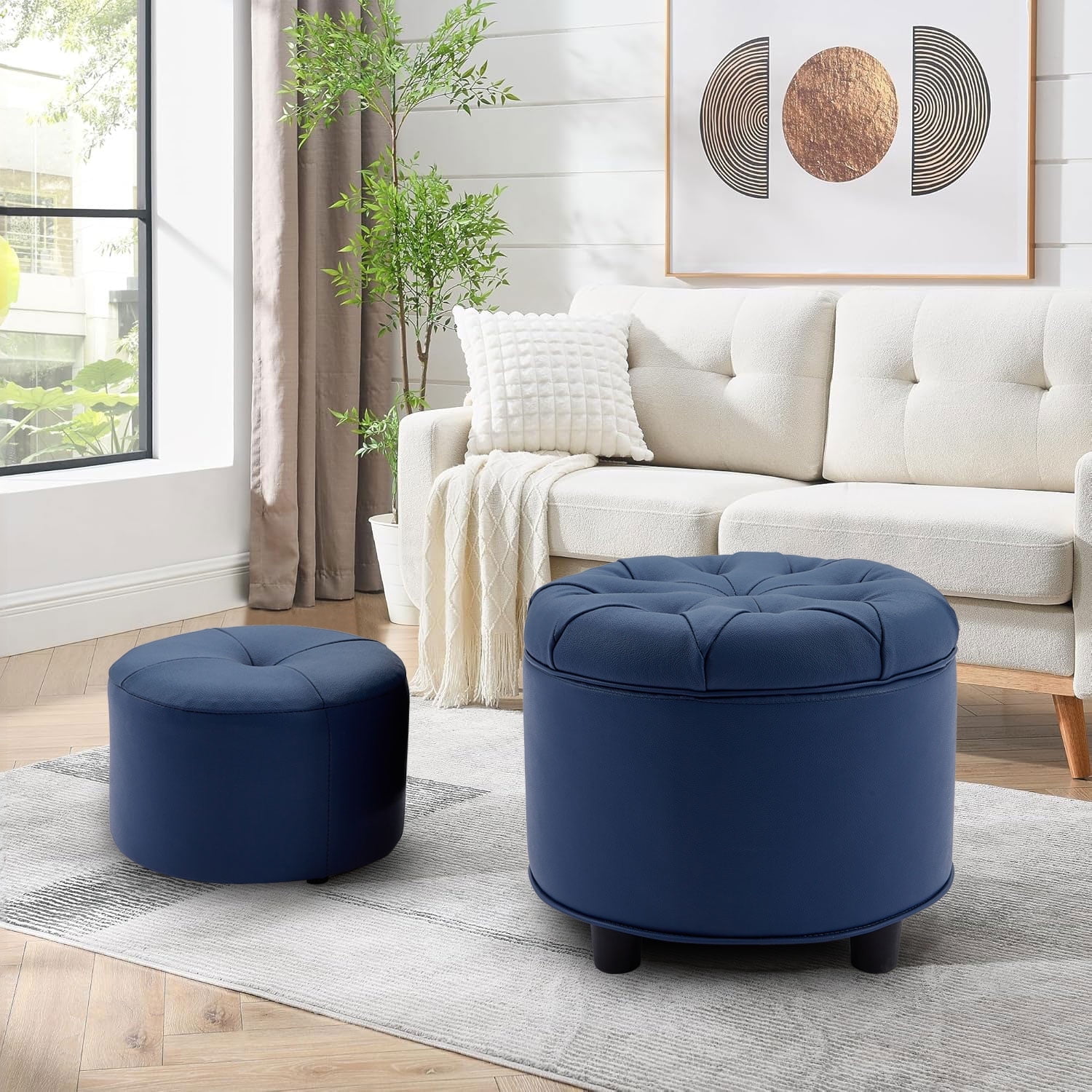 Upholstered Fabric Button Tufted Round Foot Rest Ottoman with Storage ...