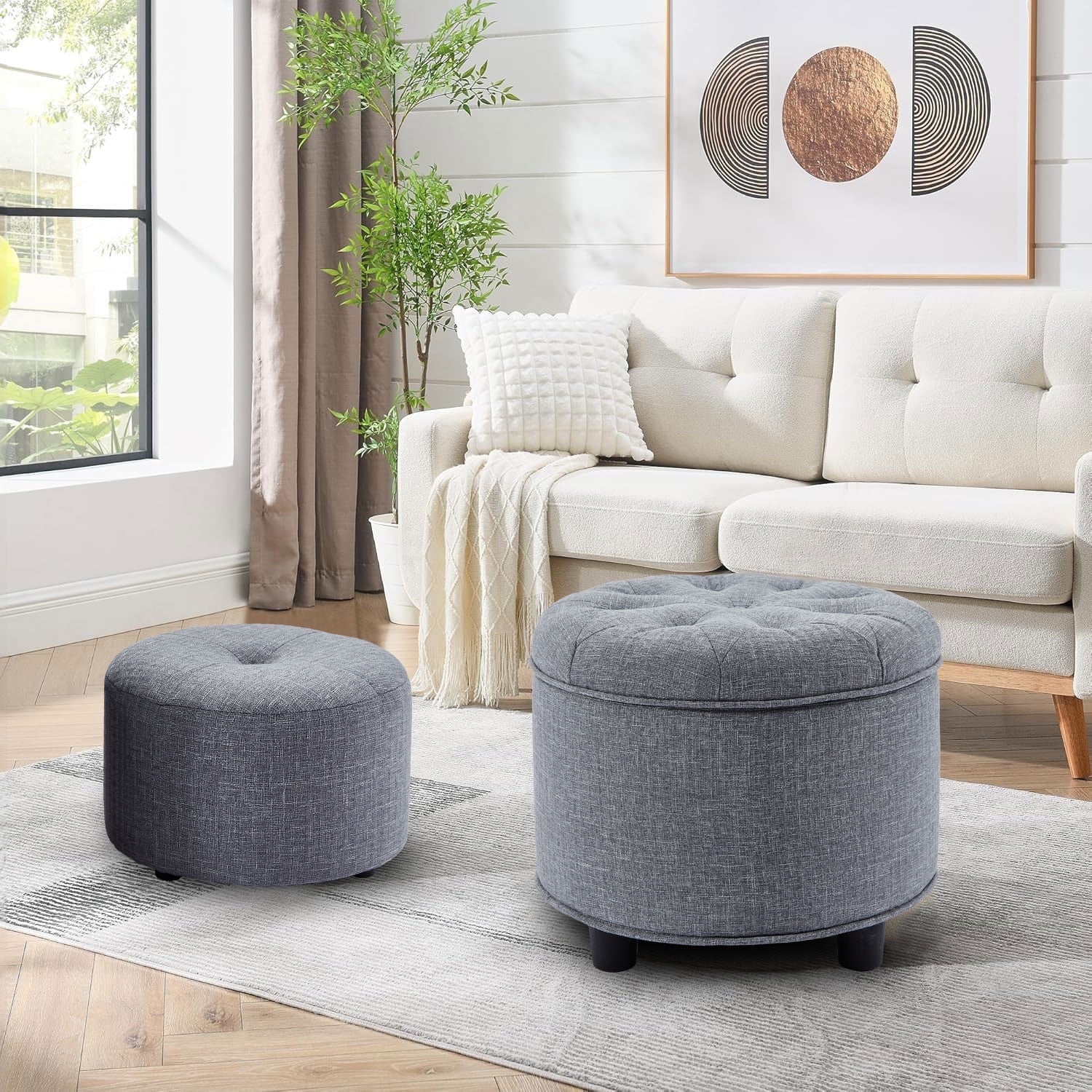Upholstered Fabric Button Tufted Round Foot Rest Ottoman with Storage ...