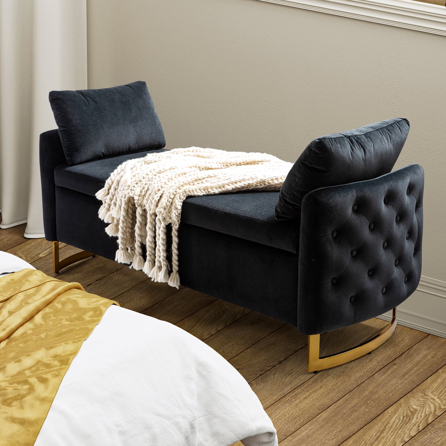 Upholstered Flip Top Storage Bench Button Tufted With Pillows Golden