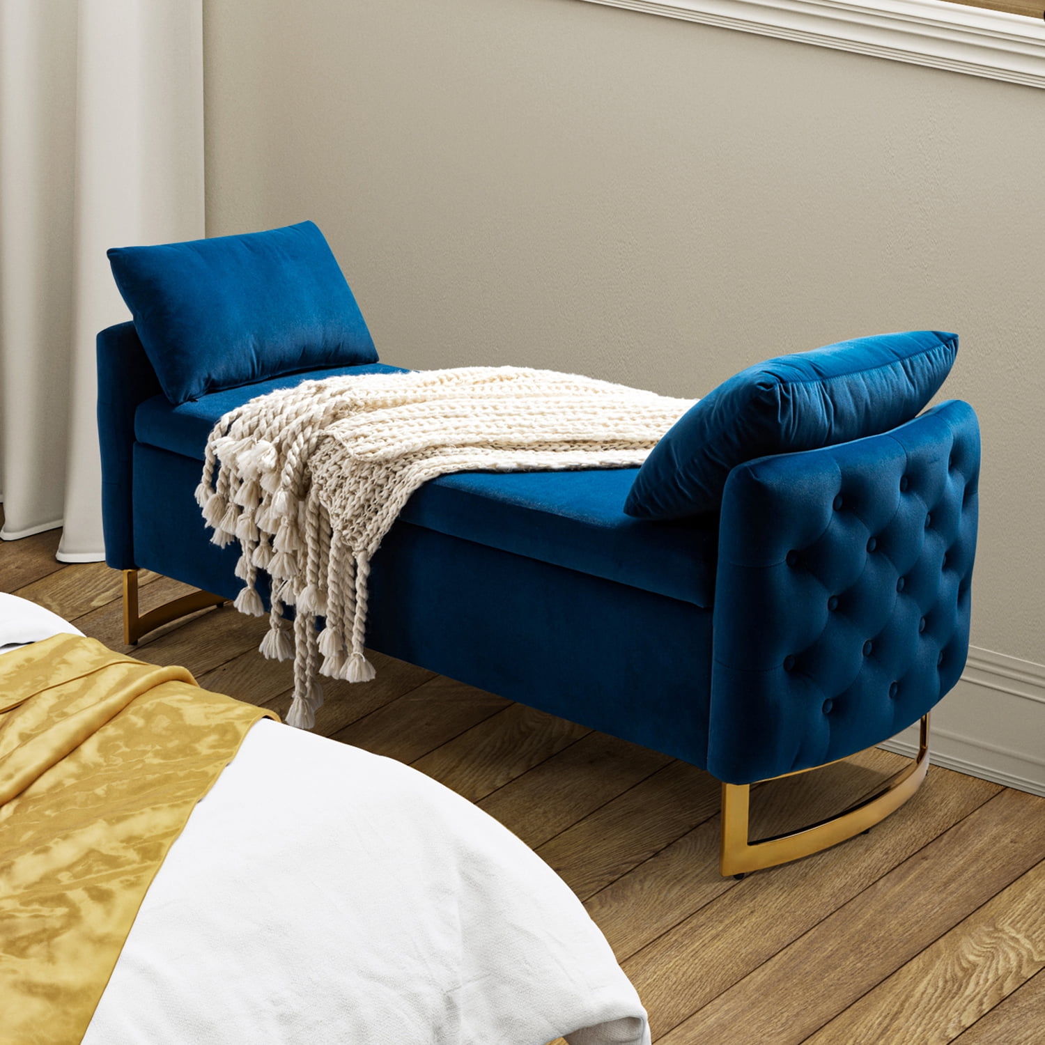 Upholstered Flip Top Storage Bench Button Tufted With Pillows Golden