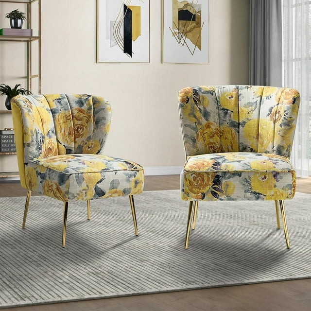 Upholstered Floral Accent Chairs Set of 2 Side Tufted Gold Legs Home ...