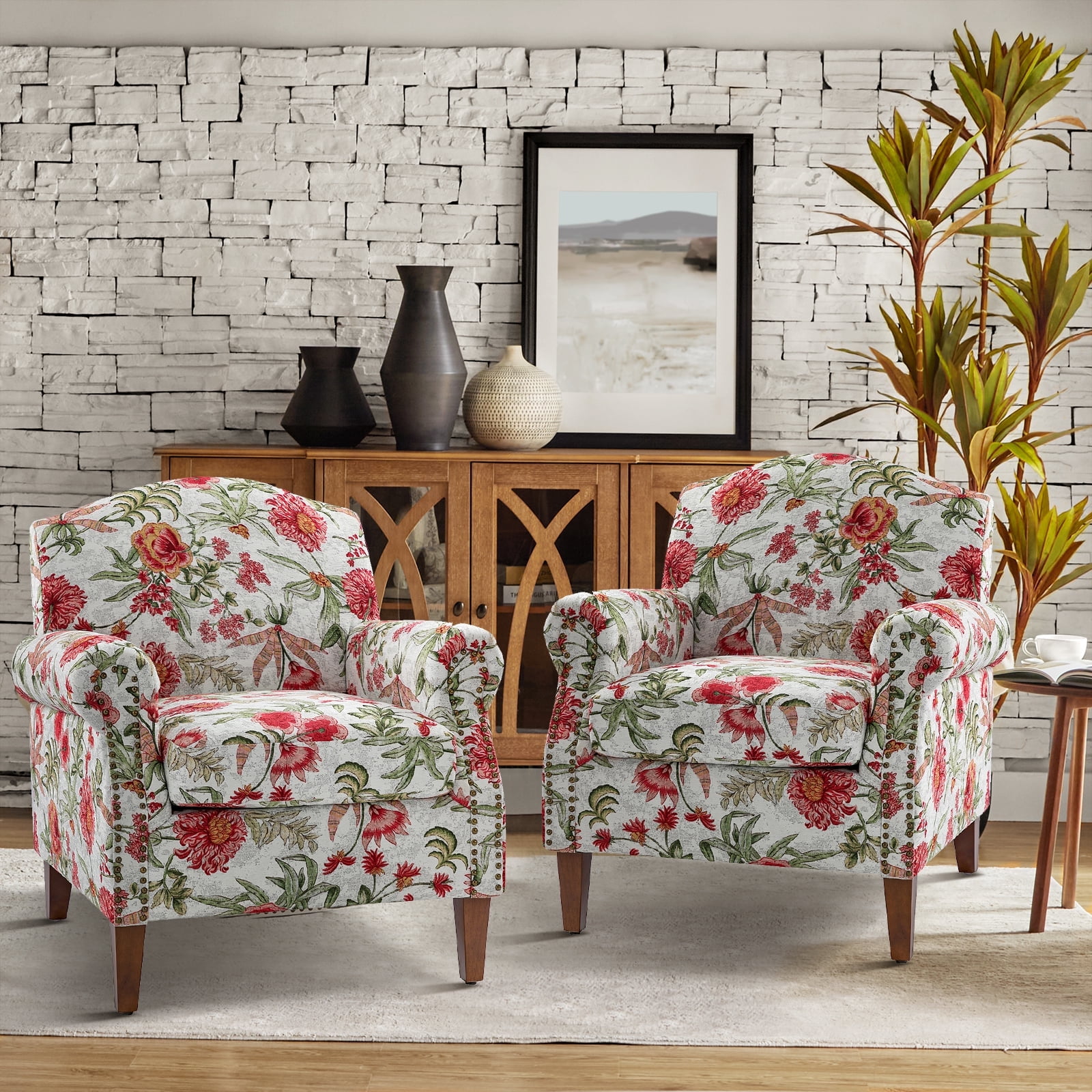 Upholstered Floral Armchair Set of 2 Single Lounge Sofa Accent Chair ...