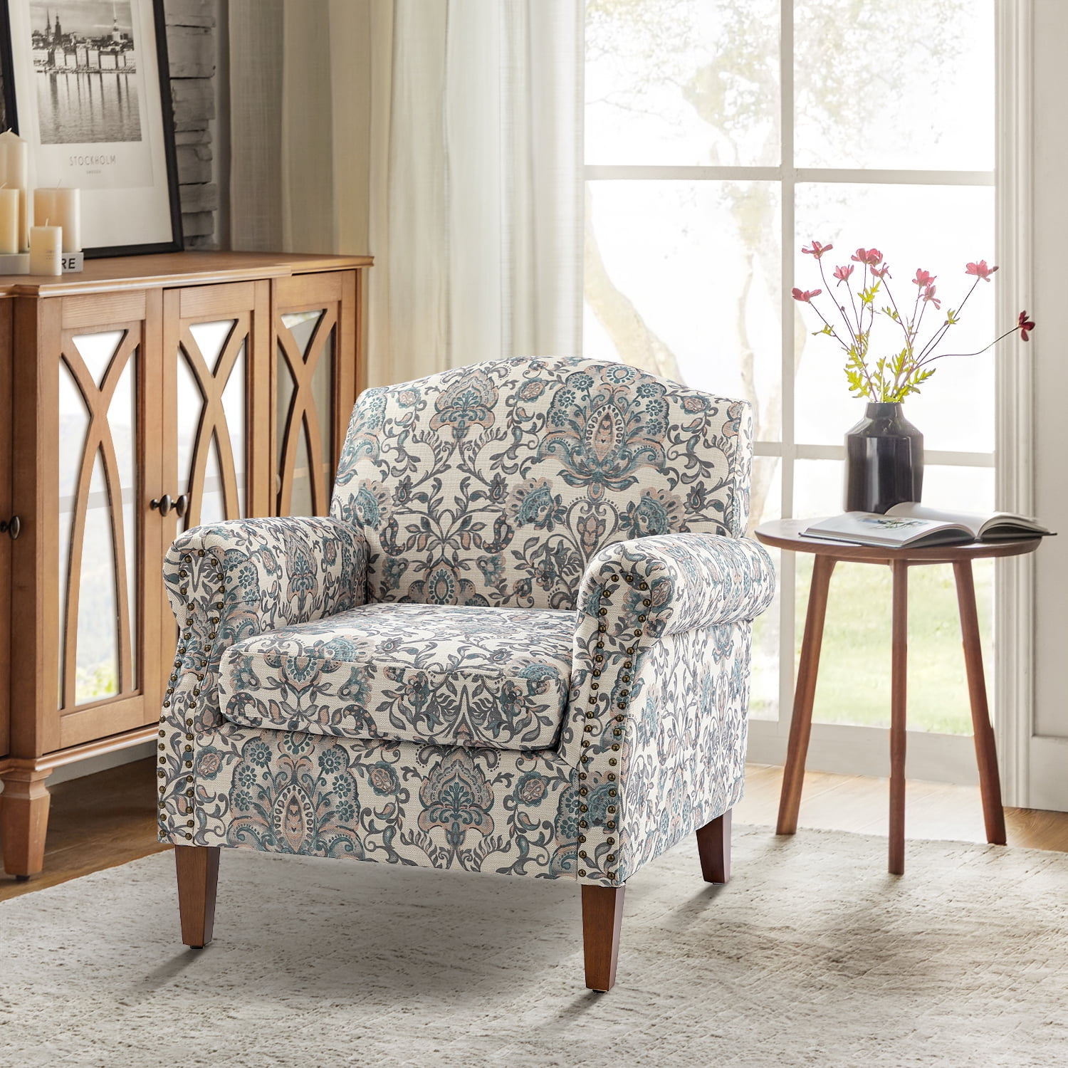 Upholstered Floral Armchair Single Sofa Accent Chair Nailhead Trim ...