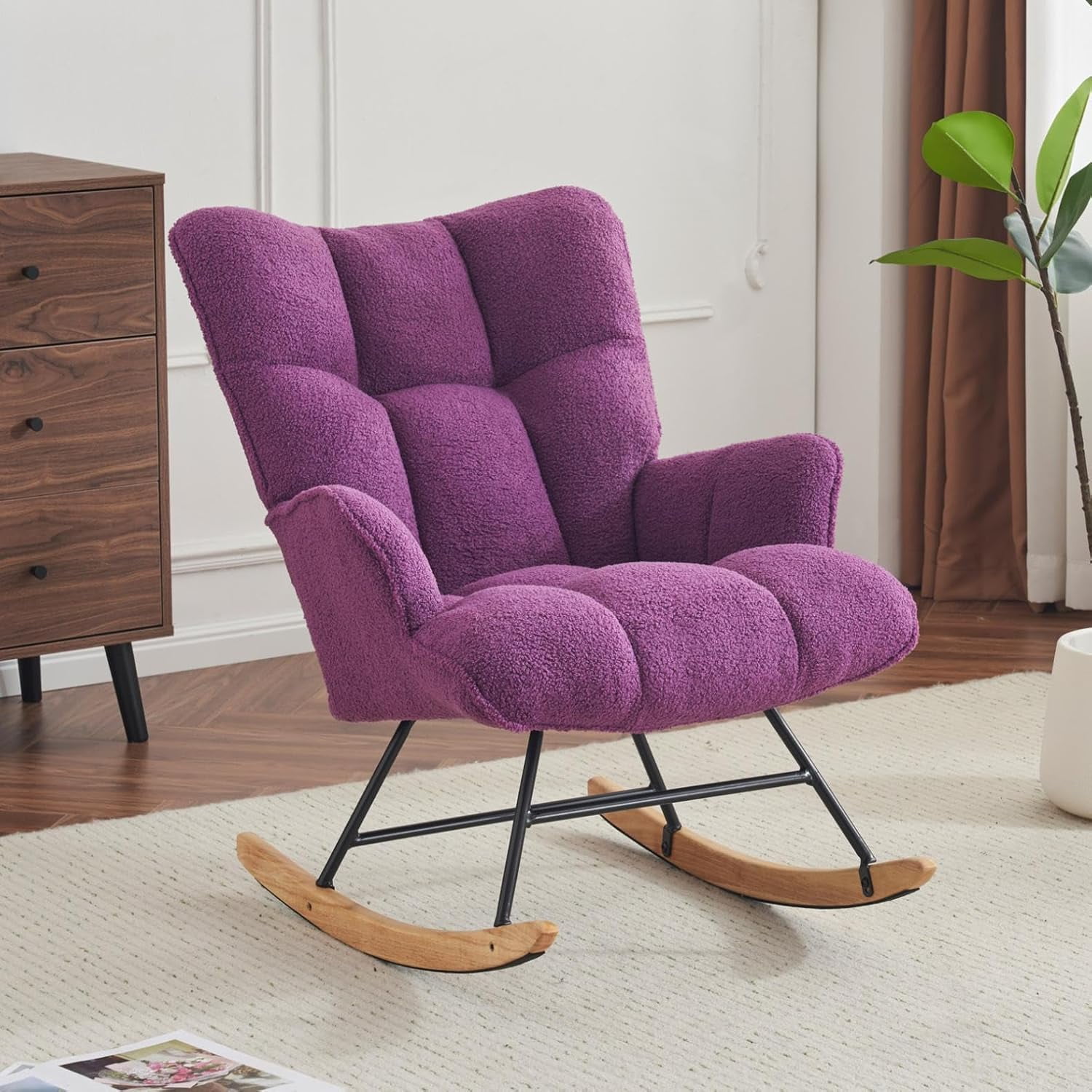 Upholstered Fluffy Glider Rocker for Adults Small Spaces Indoor, Comfy ...