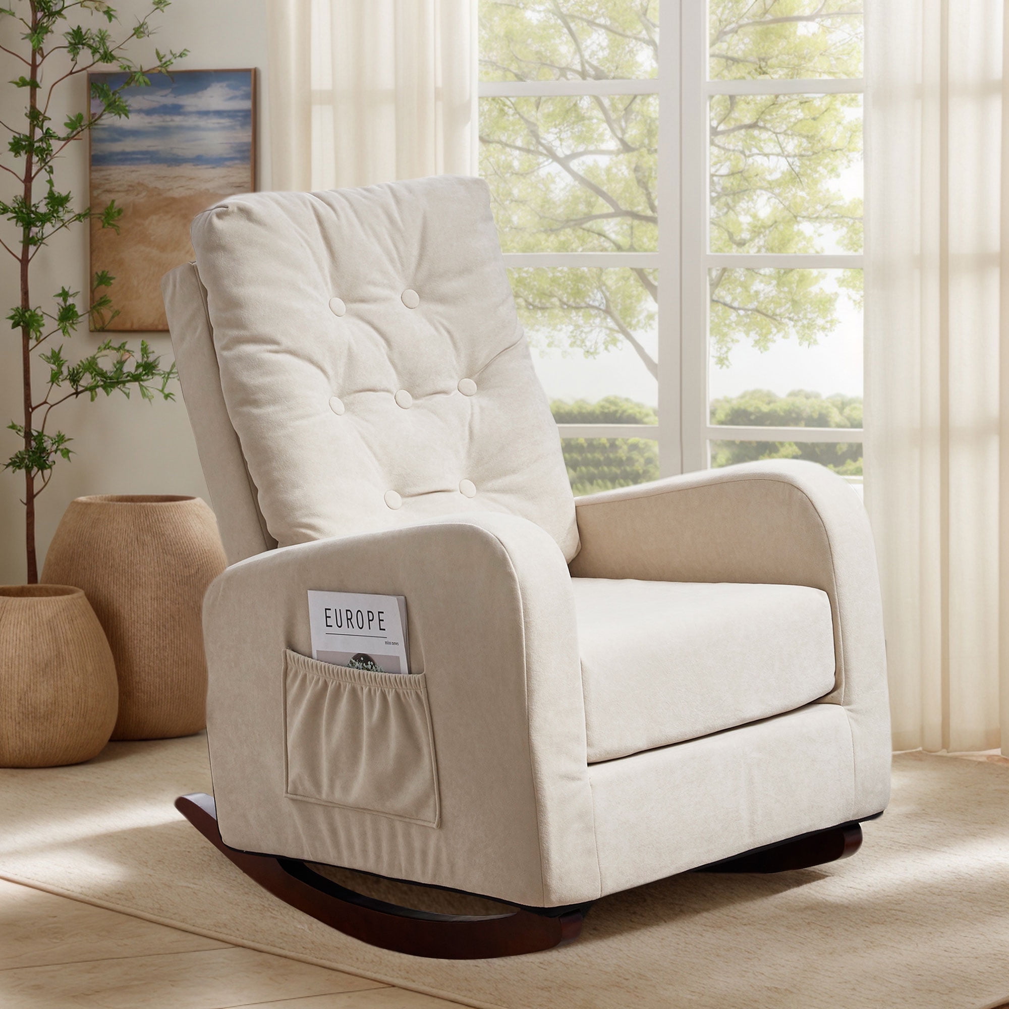 Upholstered Foldable High Back Indoor Rocking Chair with Solid Wood ...
