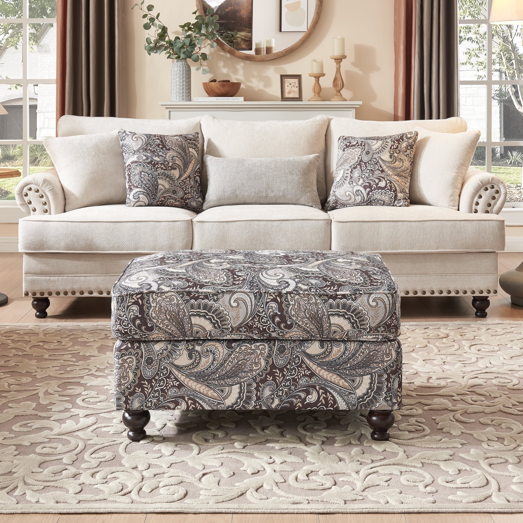 Upholstered Foot Stool Ottoman, Foot Rest with Wooden Legs, Mid-Century ...