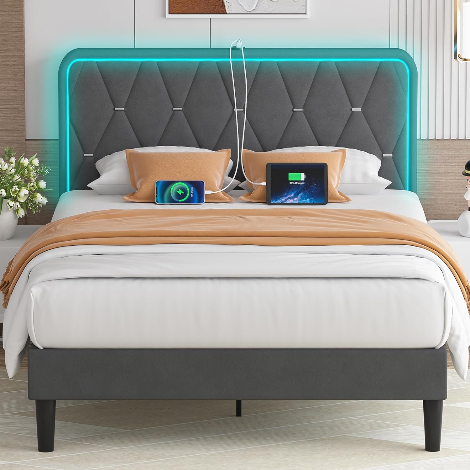 Upholstered Full Bed Frame with Headboard Adjustable, Velvet Platform ...