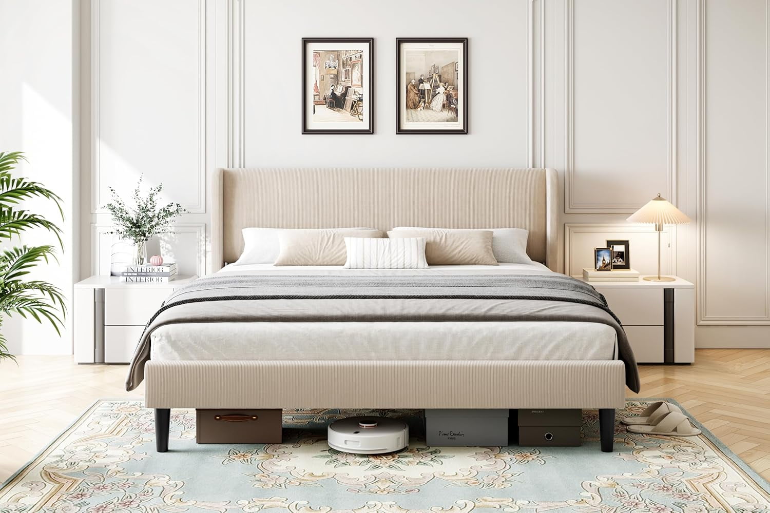Upholstered Full Bed Frame with Wingback Velvet Headboard, Wood Slats ...