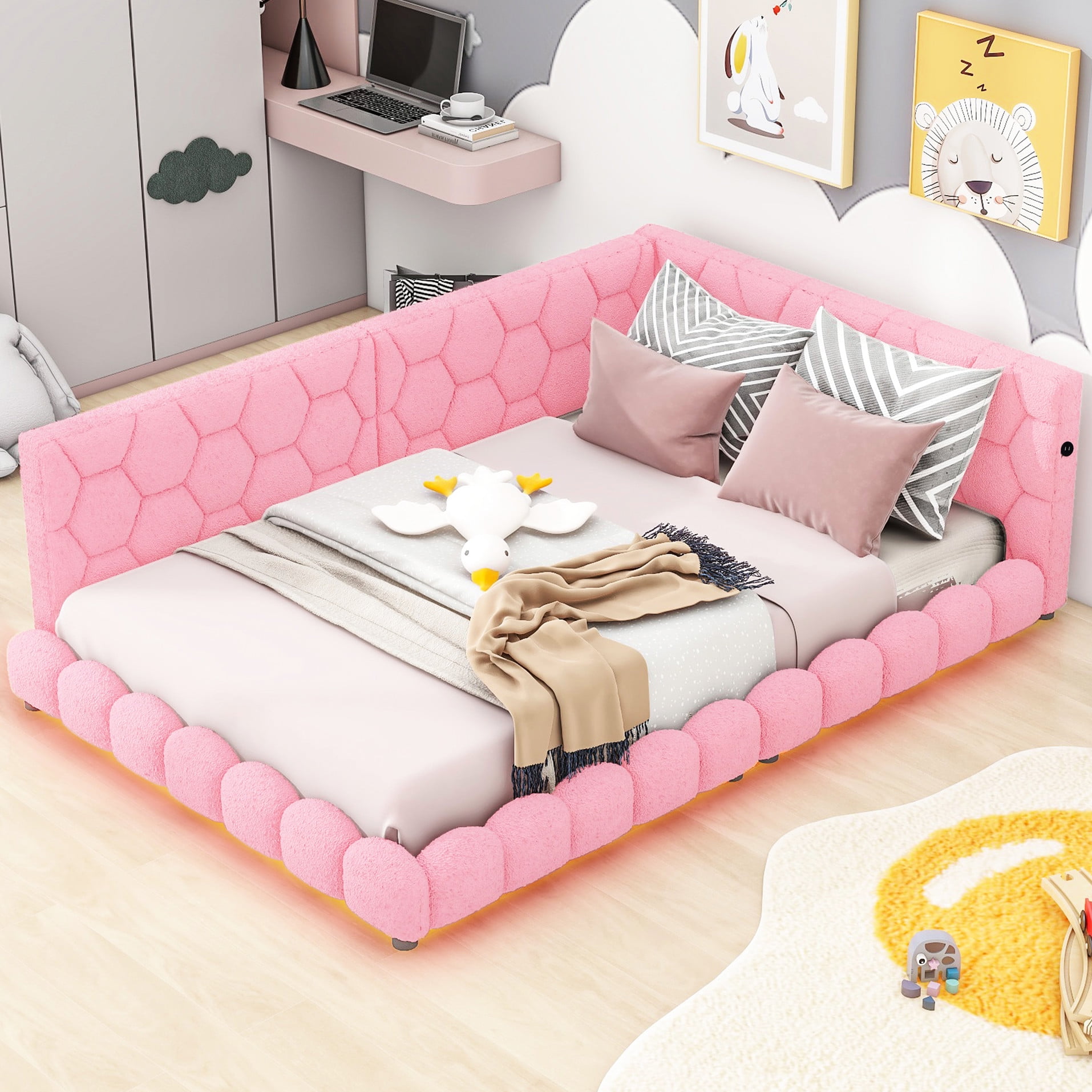 Upholstered Full Platform Bed With & Led Belt, Pink - Wood ...