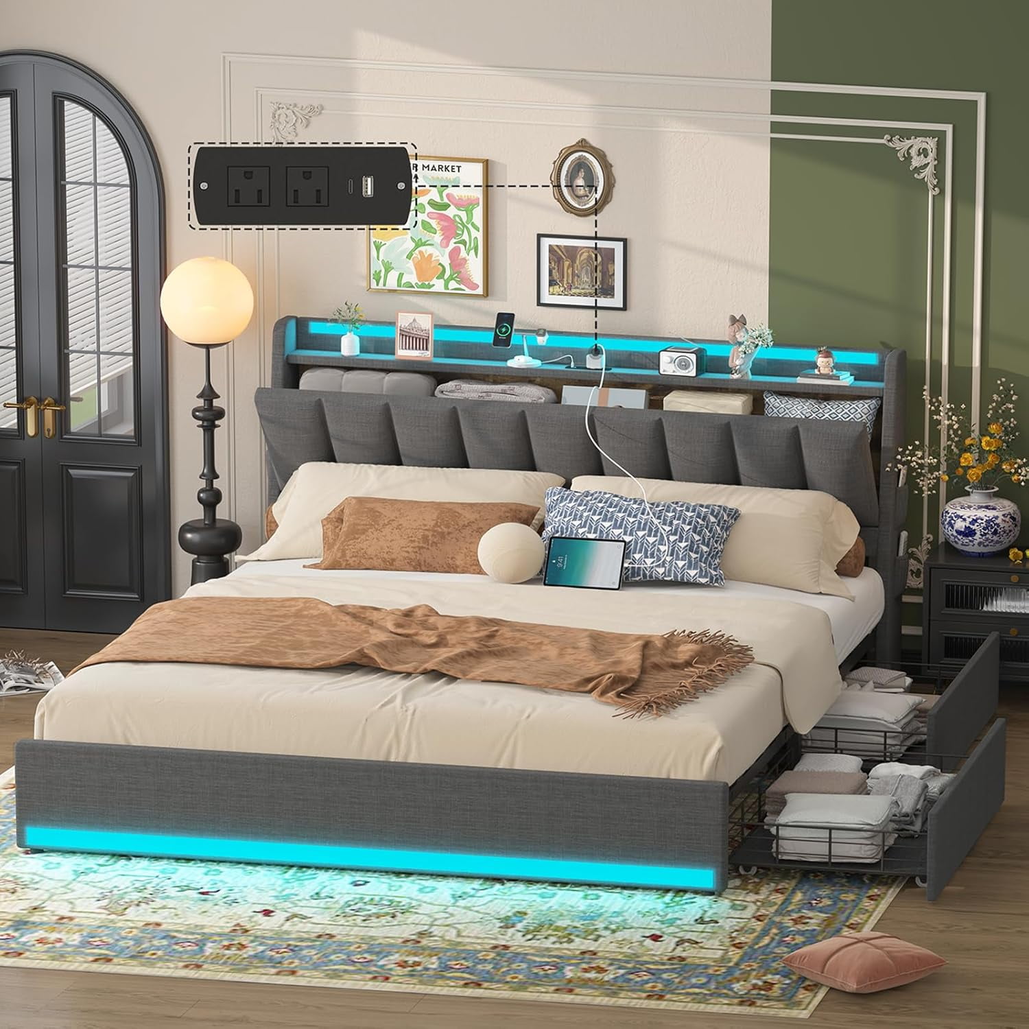 Upholstered Full Size Bed Frame with 4 Drawers & LED Lights, Bed Frame ...