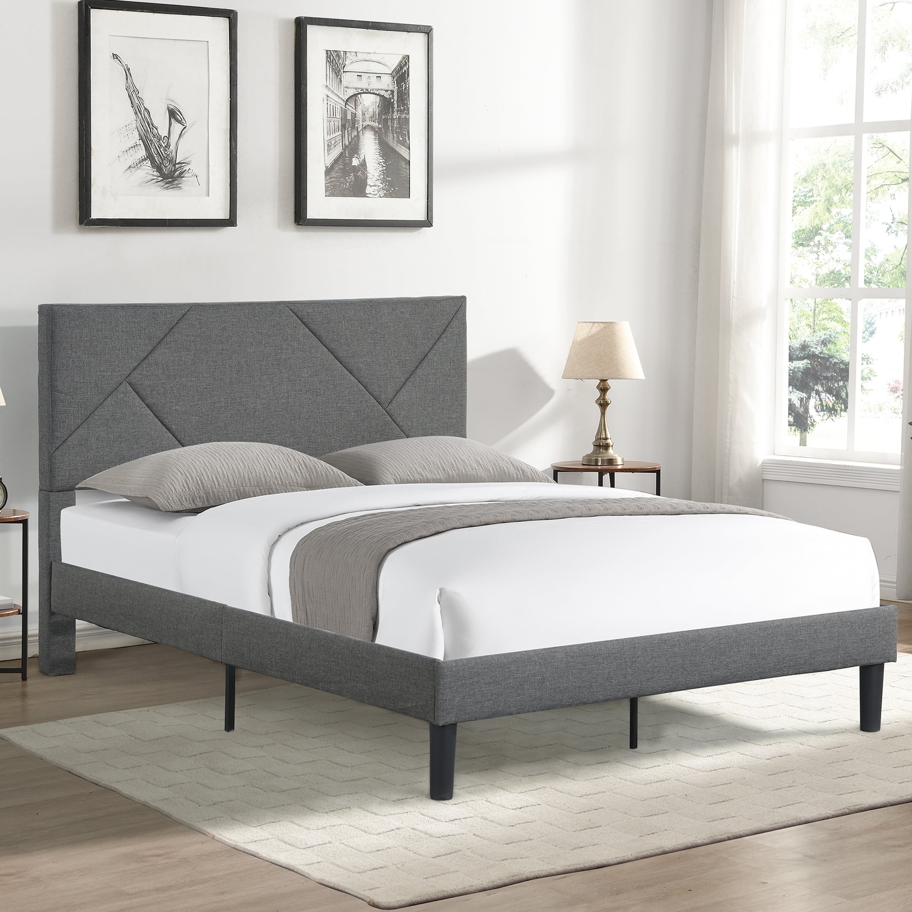 Upholstered Full Size Headboard Bed Frame, Mattress Foundation With ...