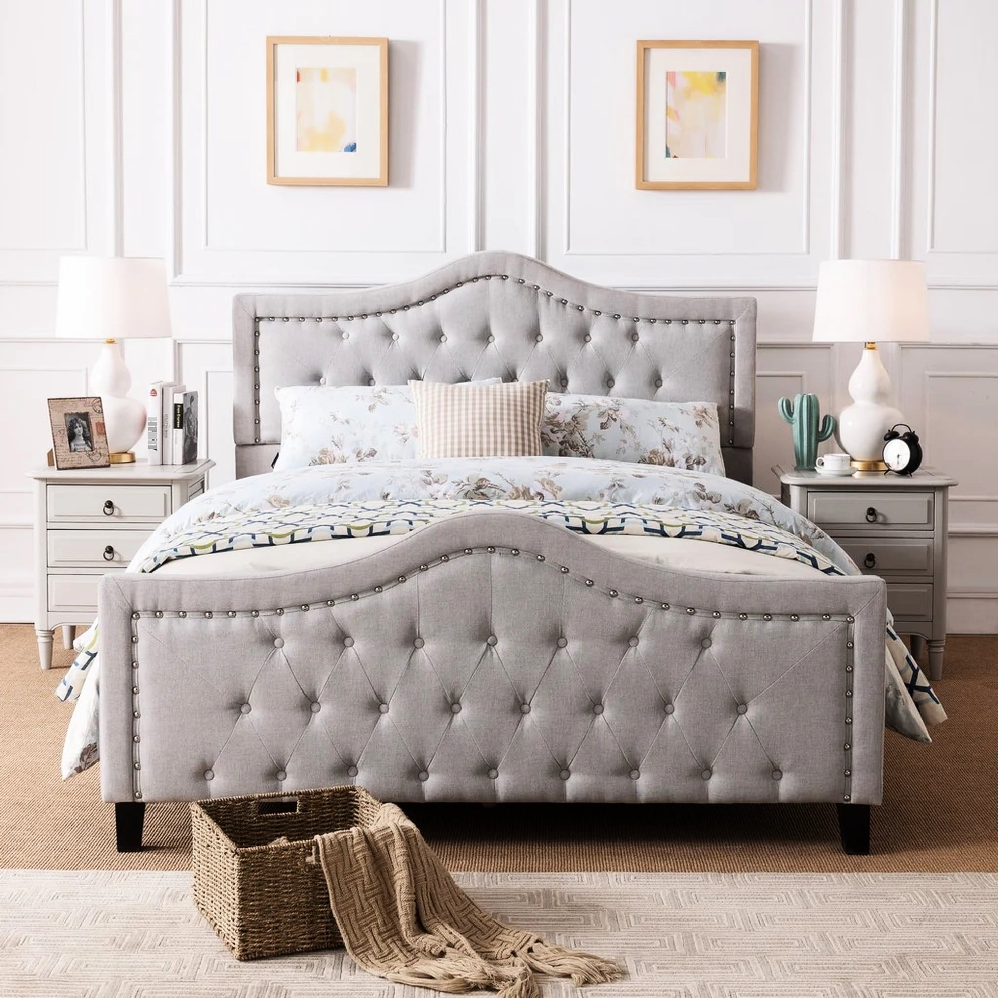 Upholstered Gray Queen Platform Bed Frame, Arched Headboard And With Magnificent Nailhead ...