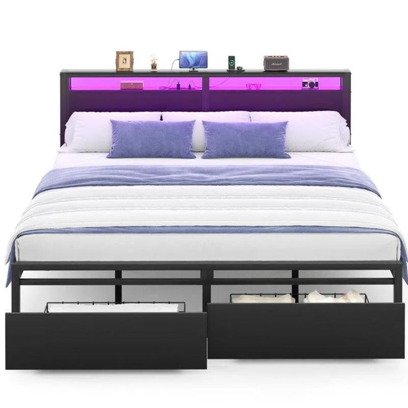 Upholstered Headboard Bed Frame with RGB LED Lights, 2 Storage Drawers ...