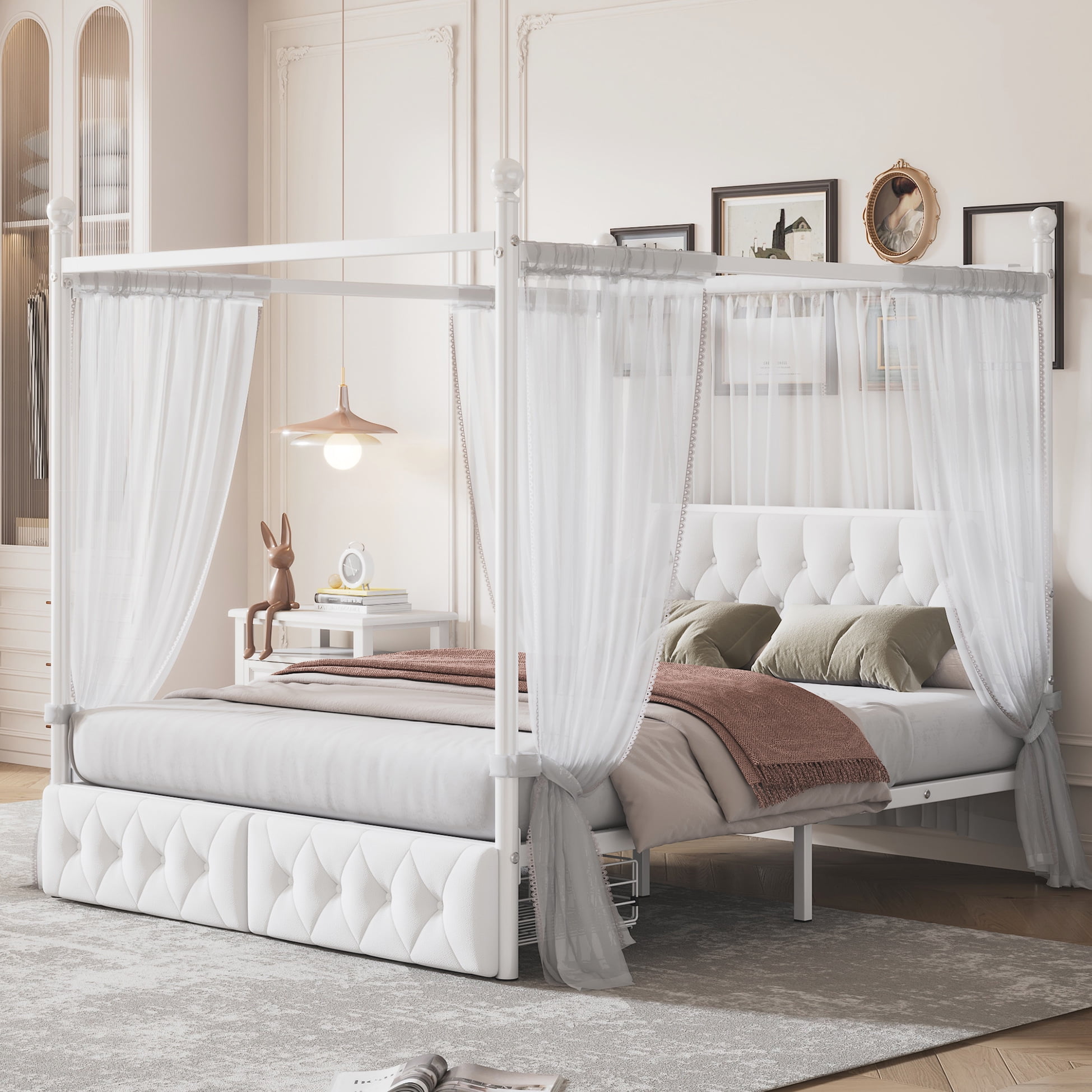 Upholstered Headboard Queen Metal Canopy Platform Bed With 2 Storage ...