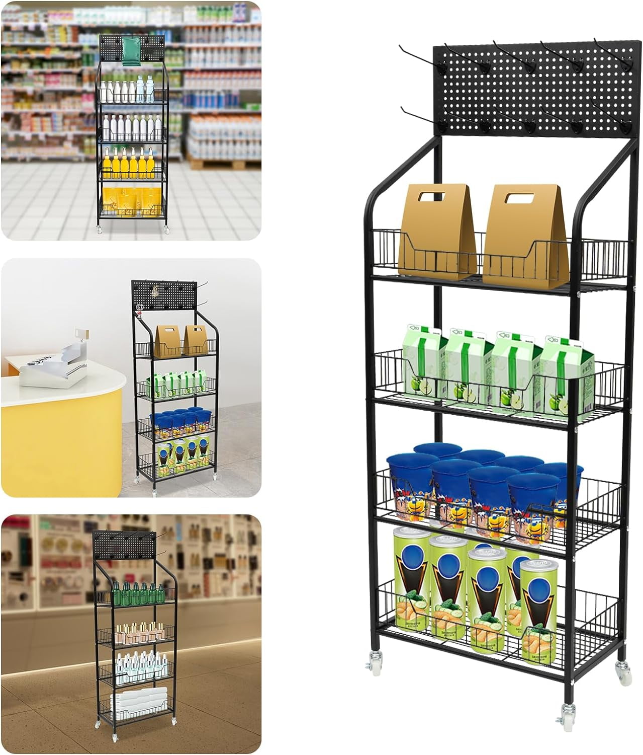 4 Tier Retail Display Rack Stand with 10 Hooks, Candy Display Rack ...