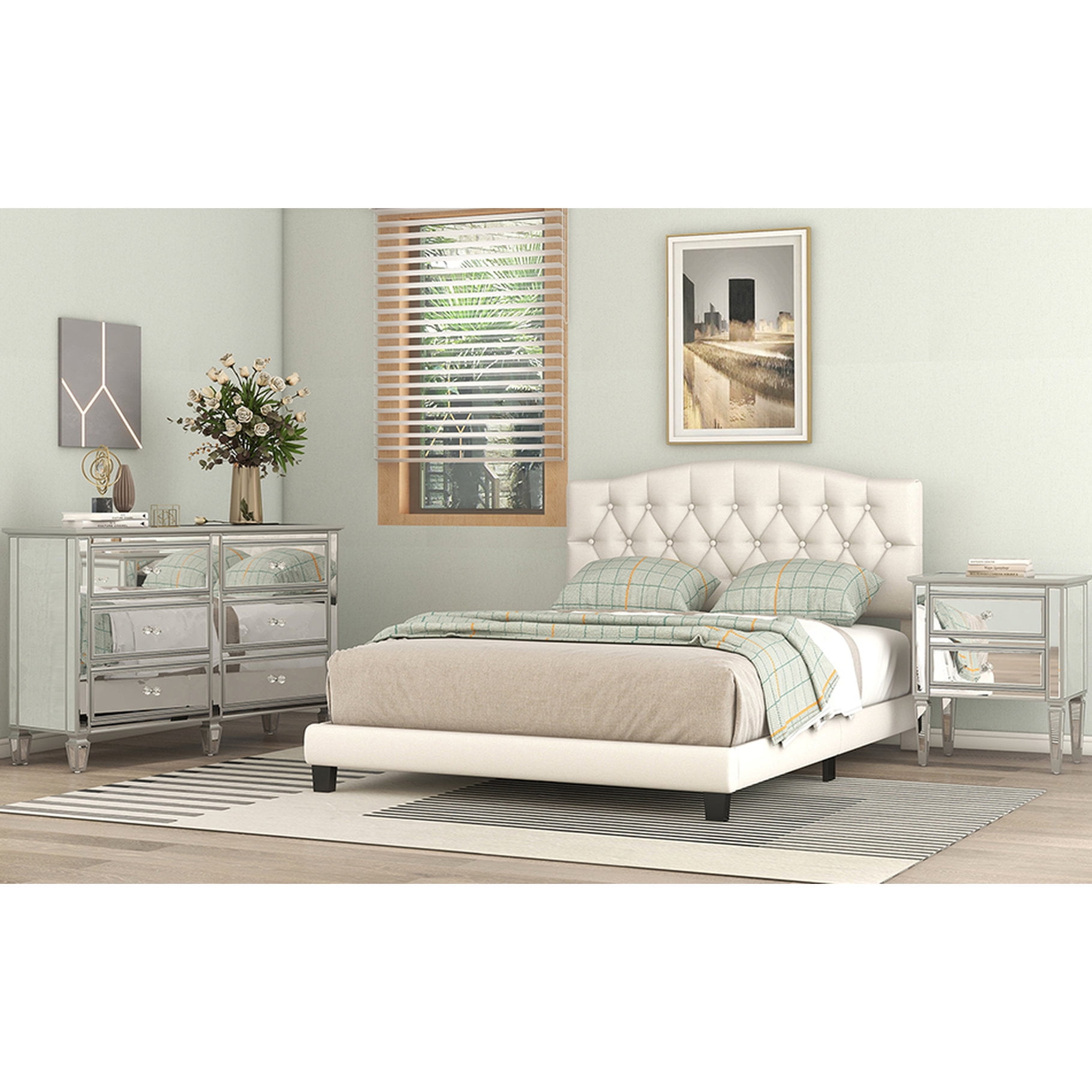 Upholstered King Platform Bed With Beige Linen, Saddle Curved Headboard ...