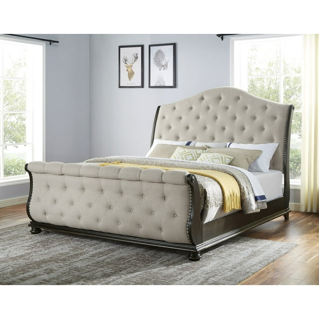 Upholstered King Size Sleigh Bed with Tufted Button Design, Linen ...