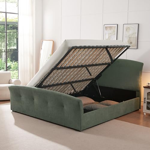 Upholstered Lift Up Storage Bed Frame with Side-Tilt Hydraulic Storage ...