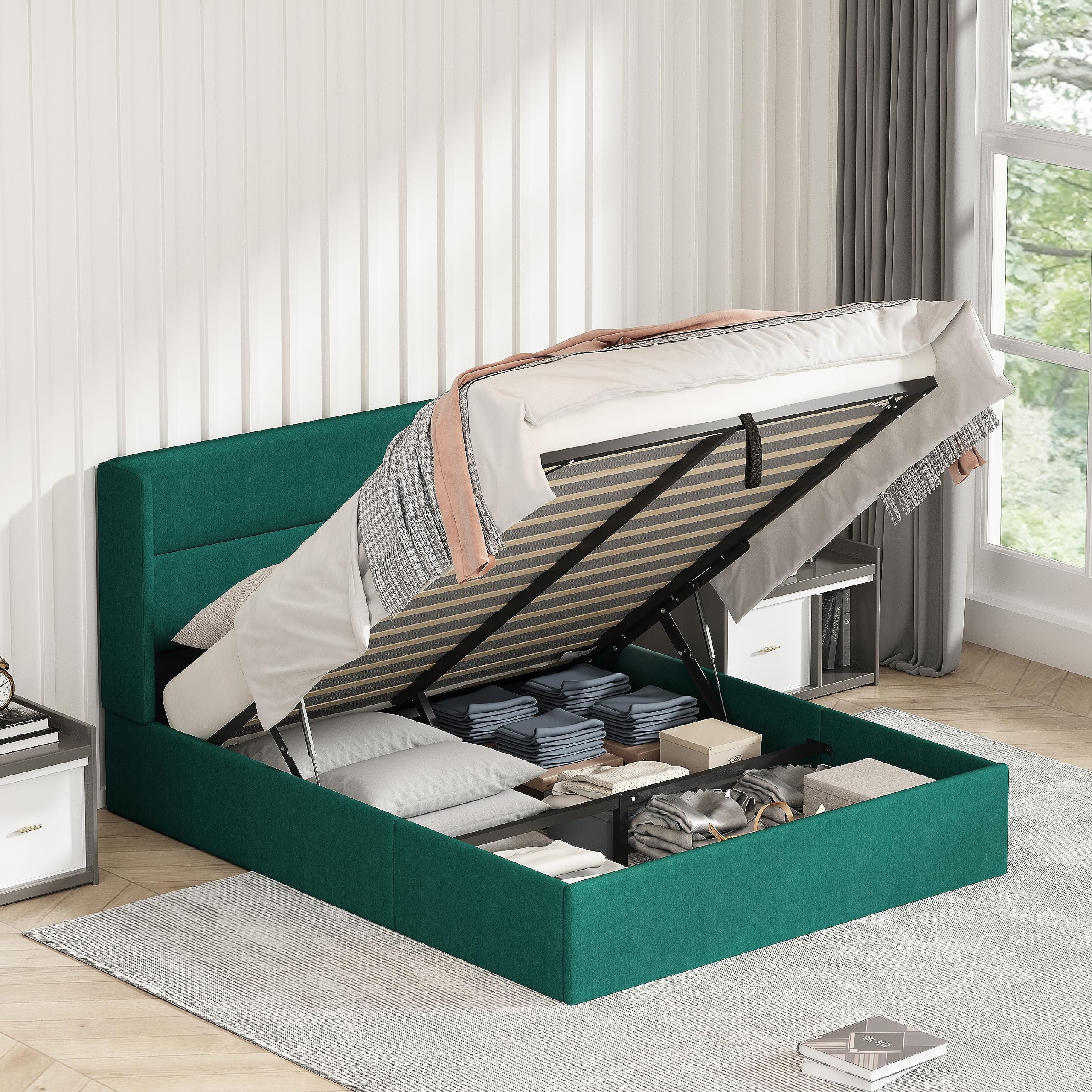Full Lift Up Storage Bed with Wingback Headboard, Hydraulic Linen ...