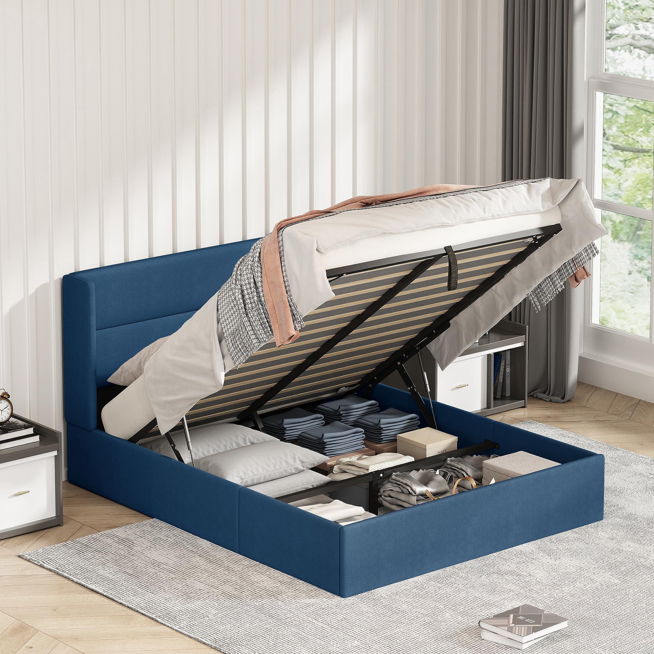 Upholstered Lift-Up Storage Bed, Full Size Bed Frame, Wingback ...