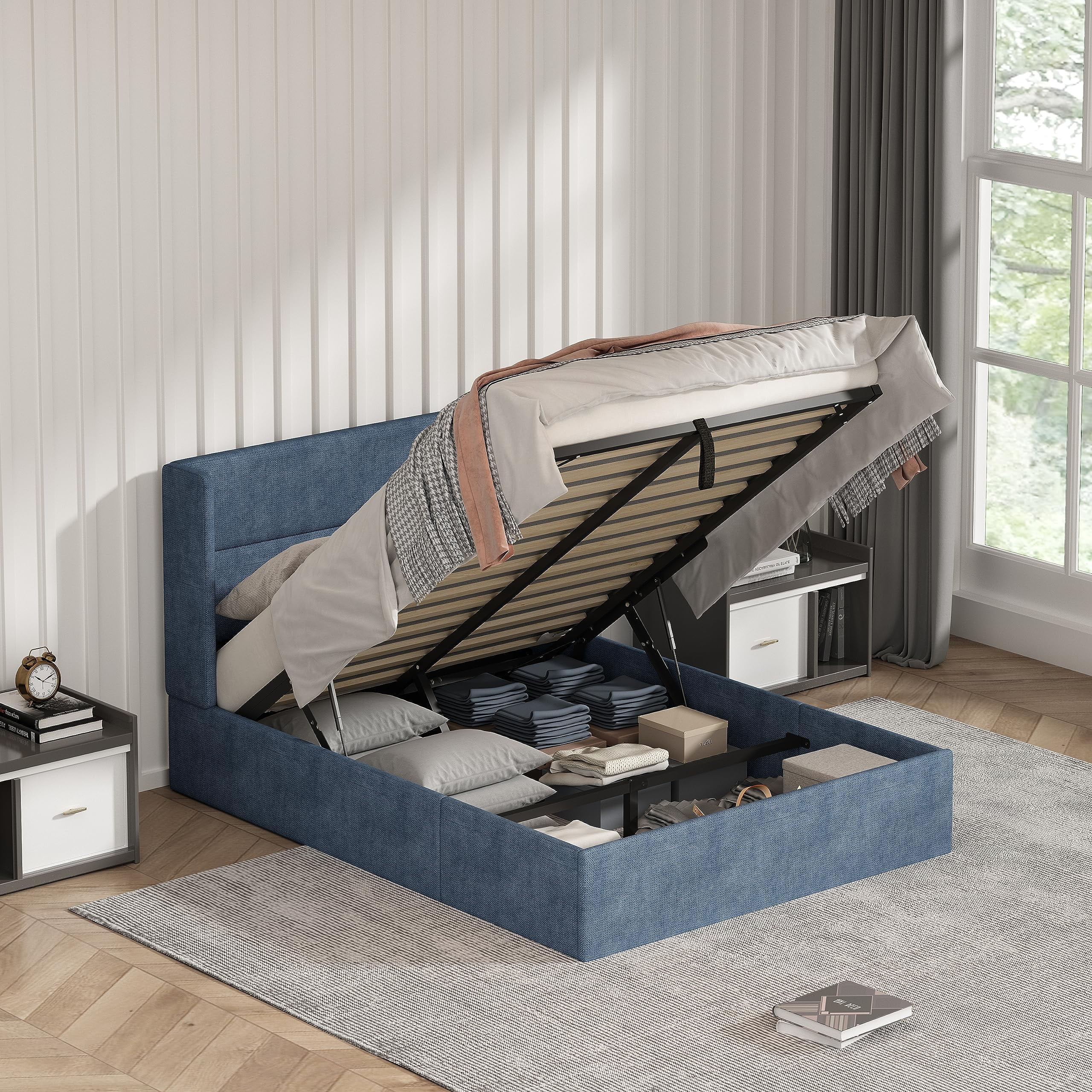 Full Lift Up Storage Bed with Wingback Headboard, Hydraulic Flannel ...