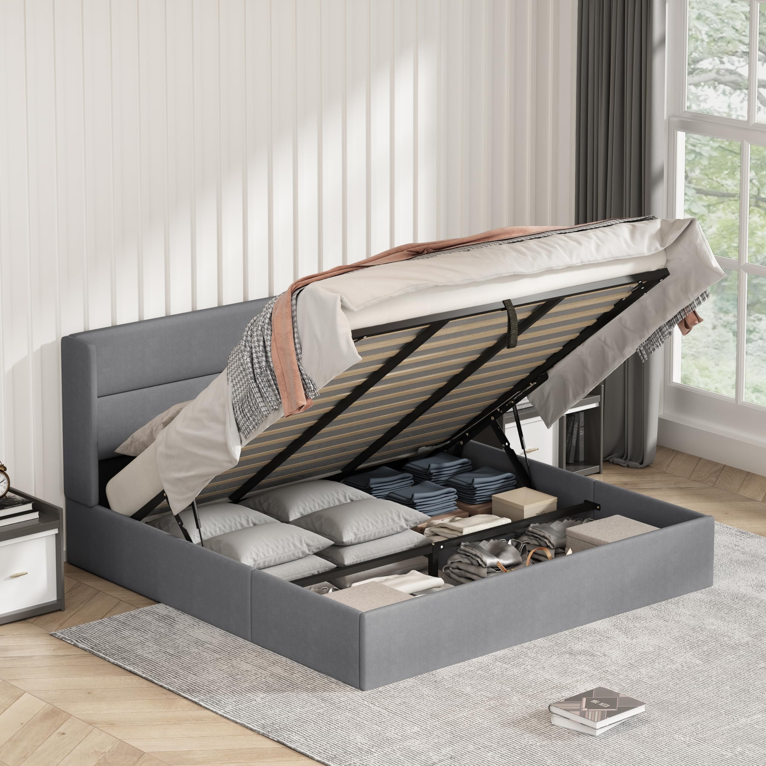King Lift Up Storage Bed with Wingback Headboard, Hydraulic Flannel ...
