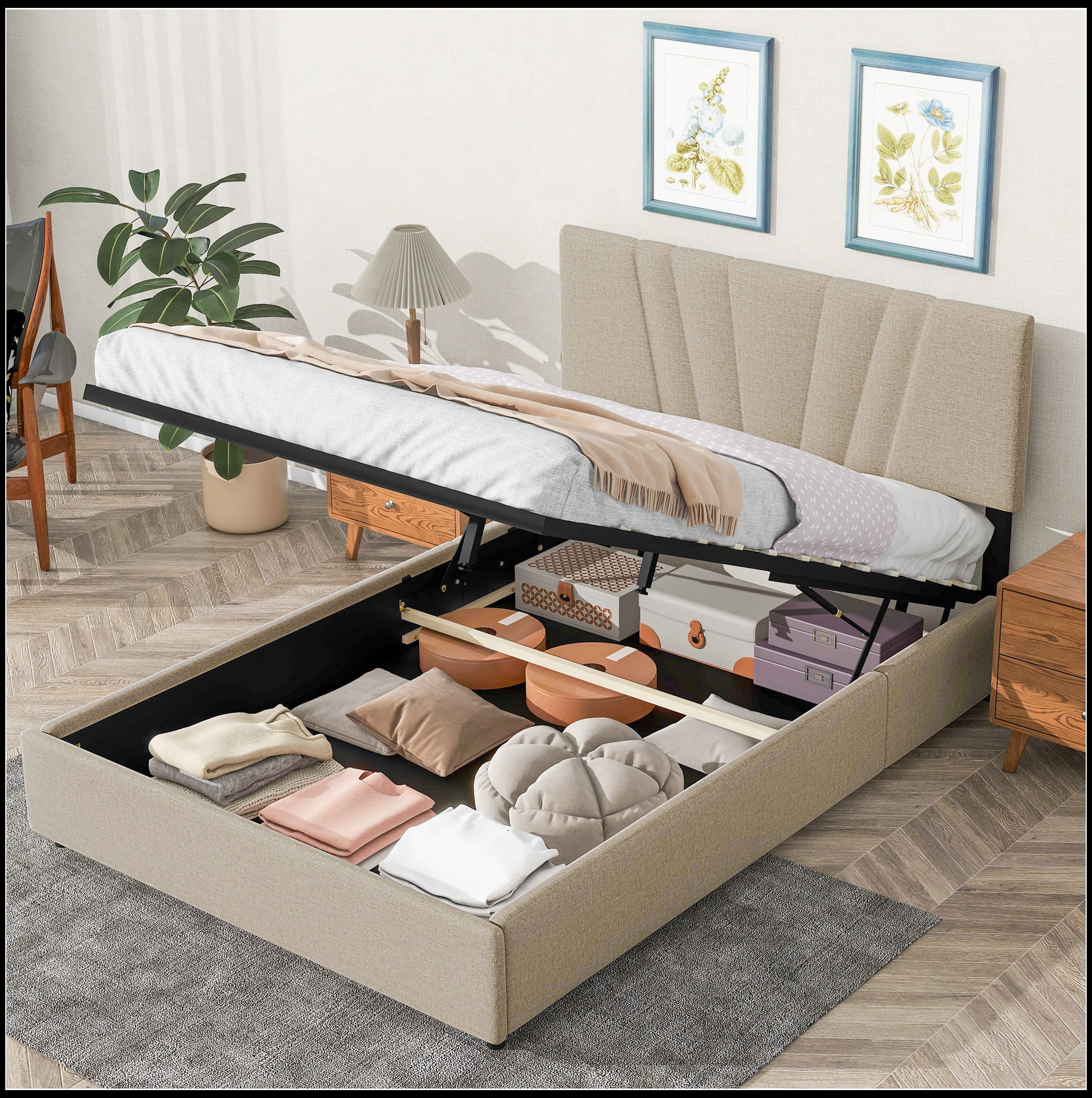 Upholstered Linen Platform bed with a Hydraulic Storage System ...
