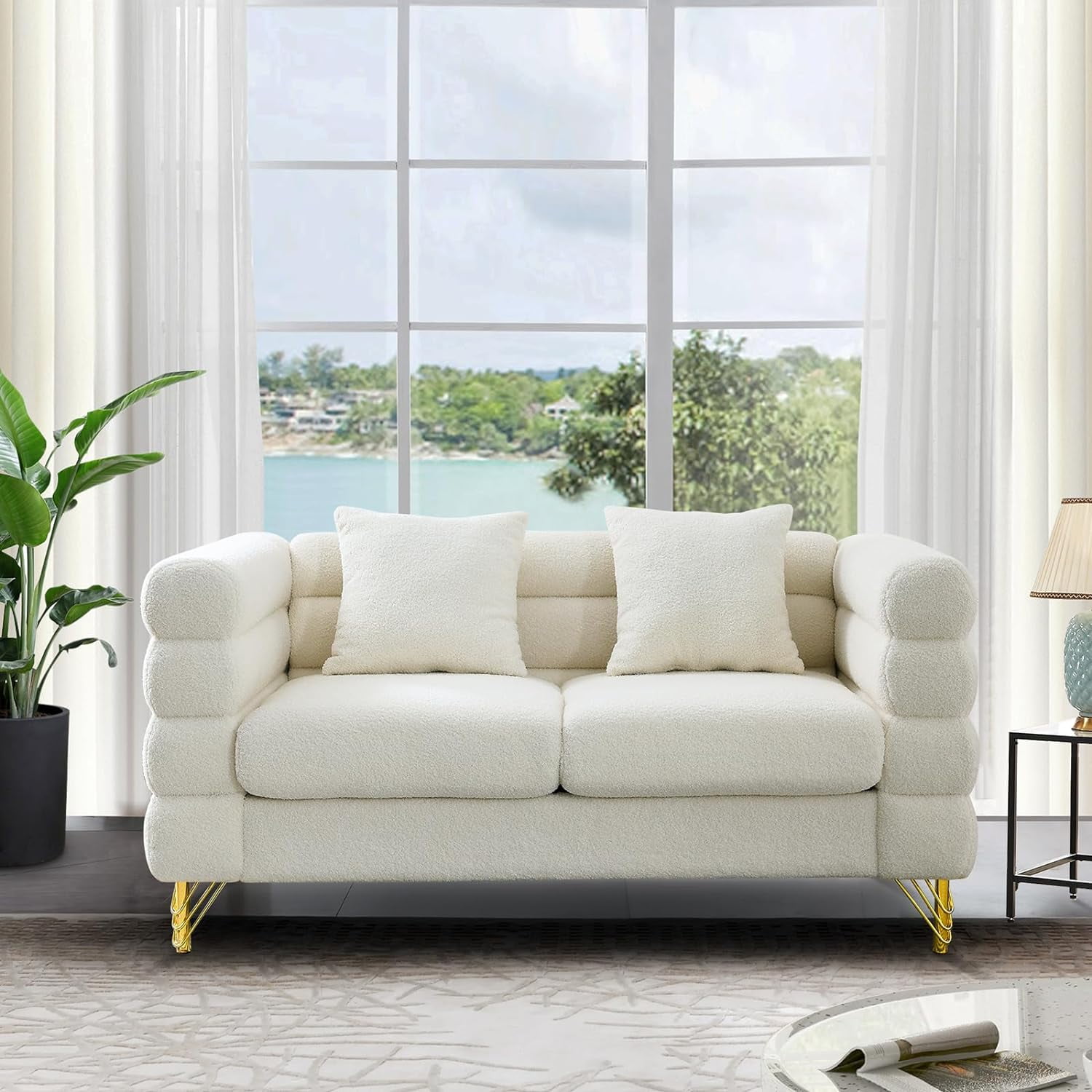 Upholstered Loveseat Sofa, 60-inch Modern Teddy Fabric Small Love Seat ...