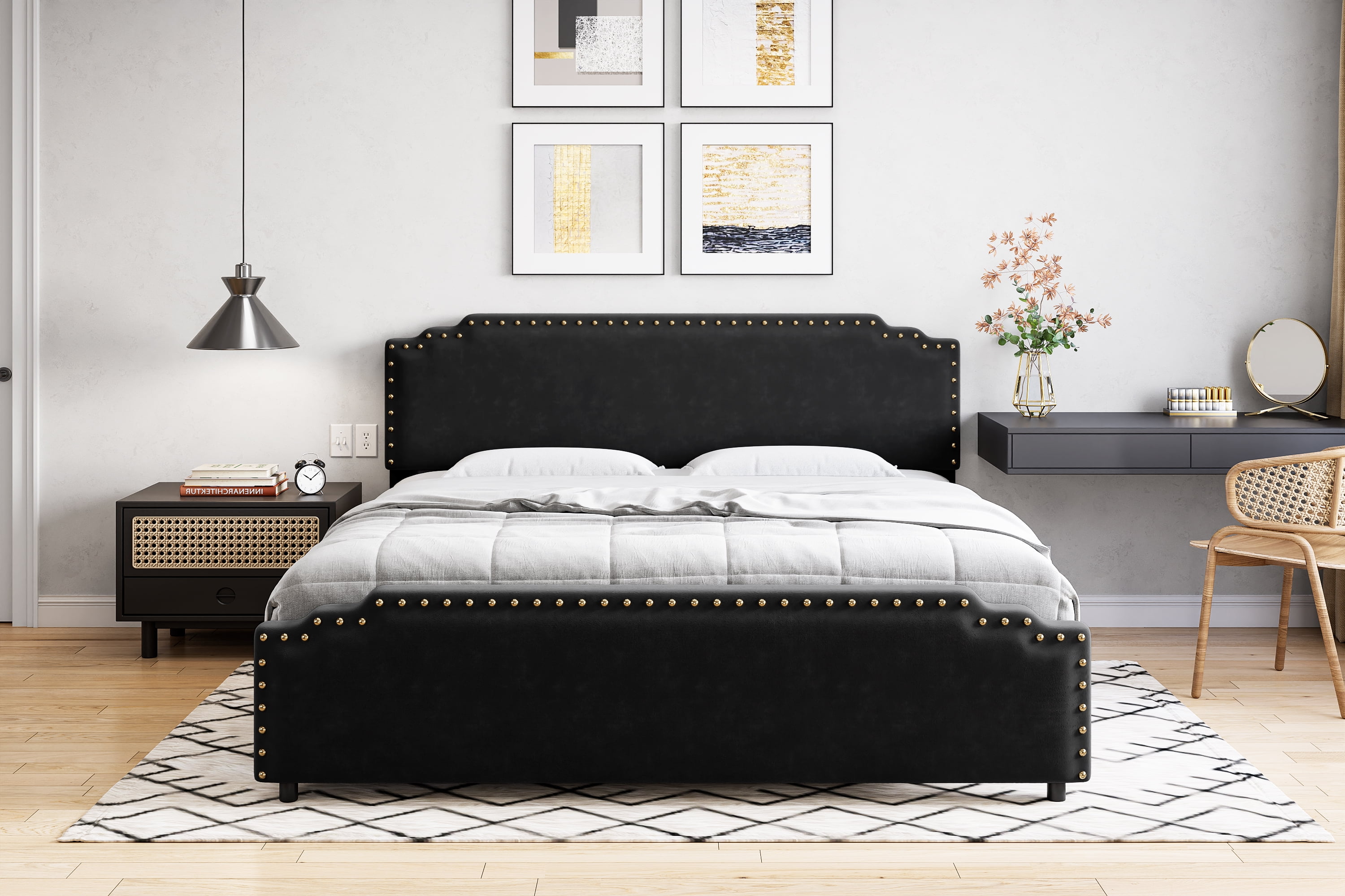Upholstered Metal Slat Bed Velvet Upholstered Platform Bed Frame and ...