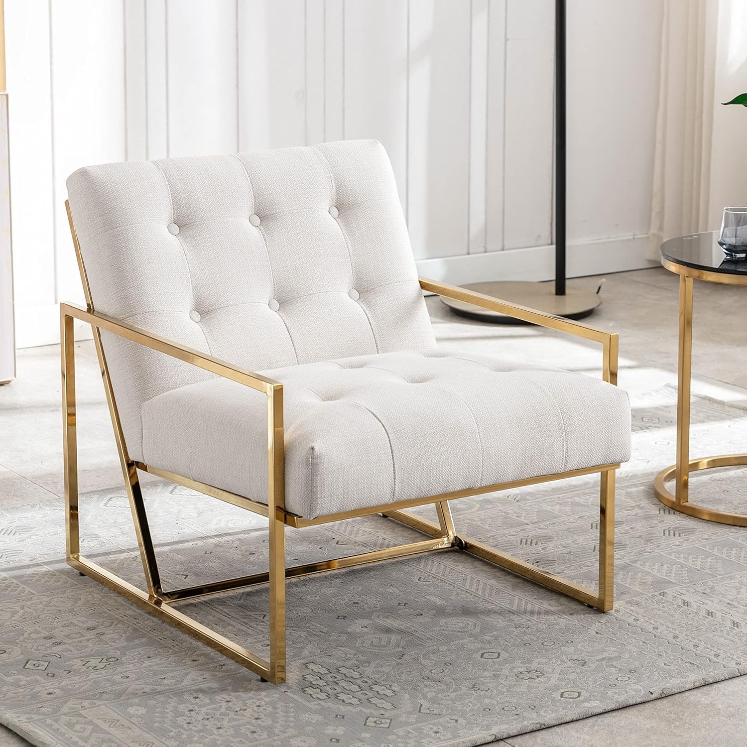 Mid Century Accent Chair, Modern Linen Accent Arm Chair with Golden Metal Base, Comfy Lounge ...