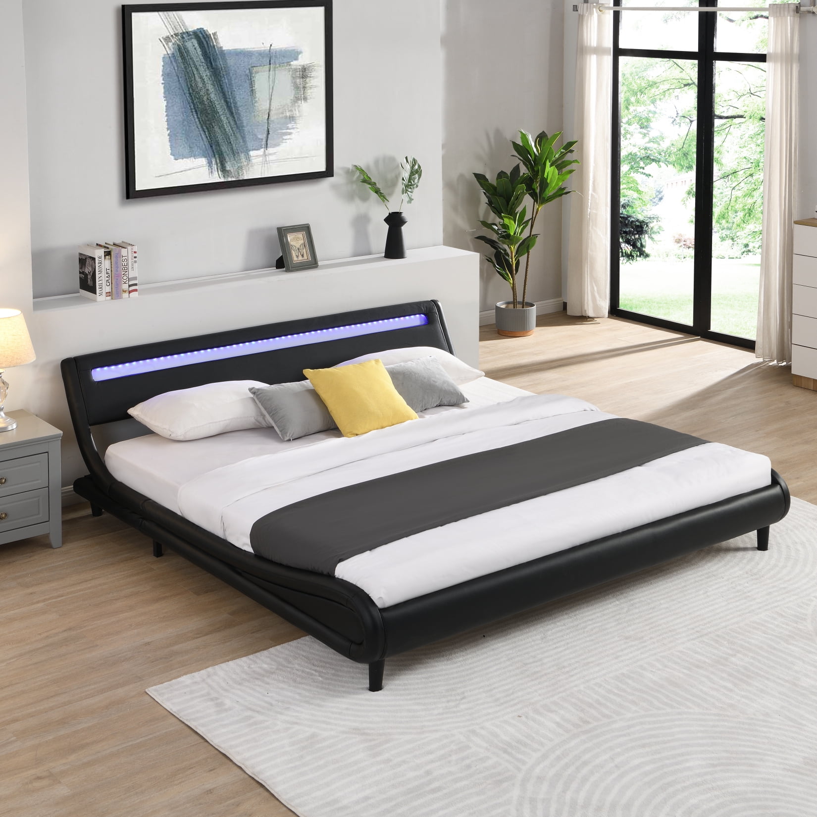 Upholstered Modern King Bed Frame with LED Headboard, Low Profile Platform Bed with Durable ...