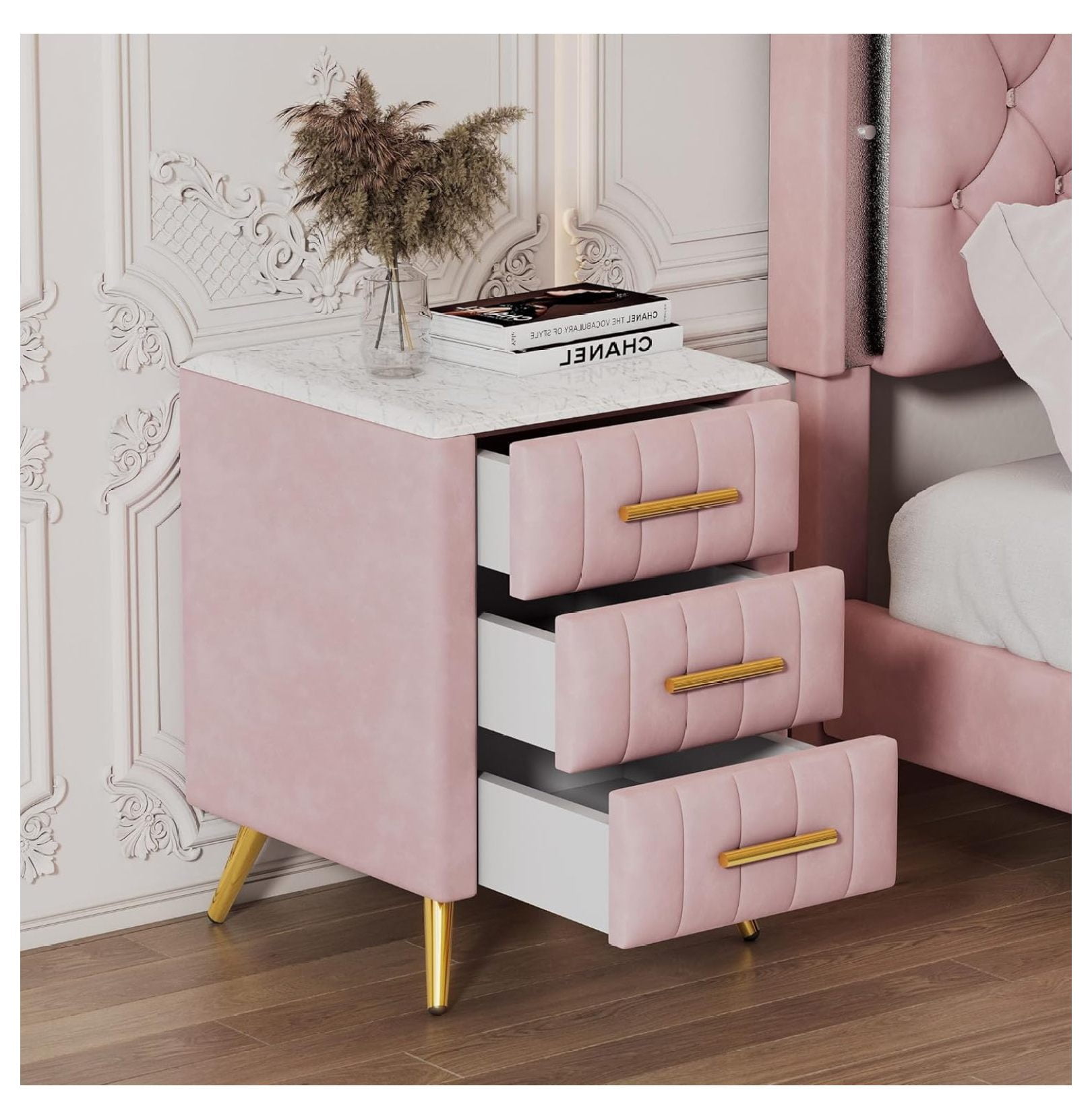 Upholstered Nightstand with Faux Marble Top, 3-Drawer Velvet Bedside ...