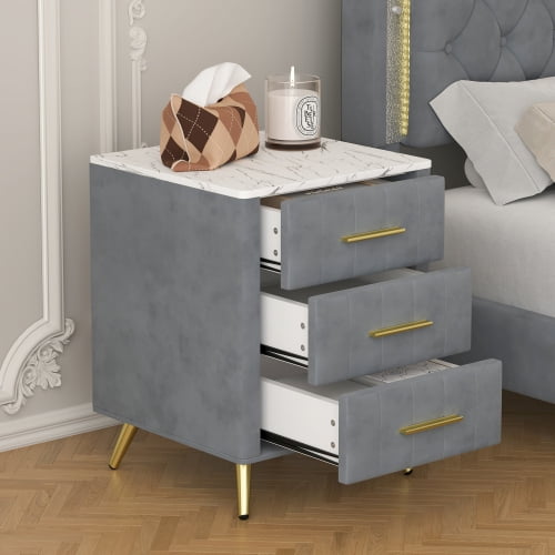 Upholstered Nightstand Modern Velvet Bedside Table with 3 Drawers ...