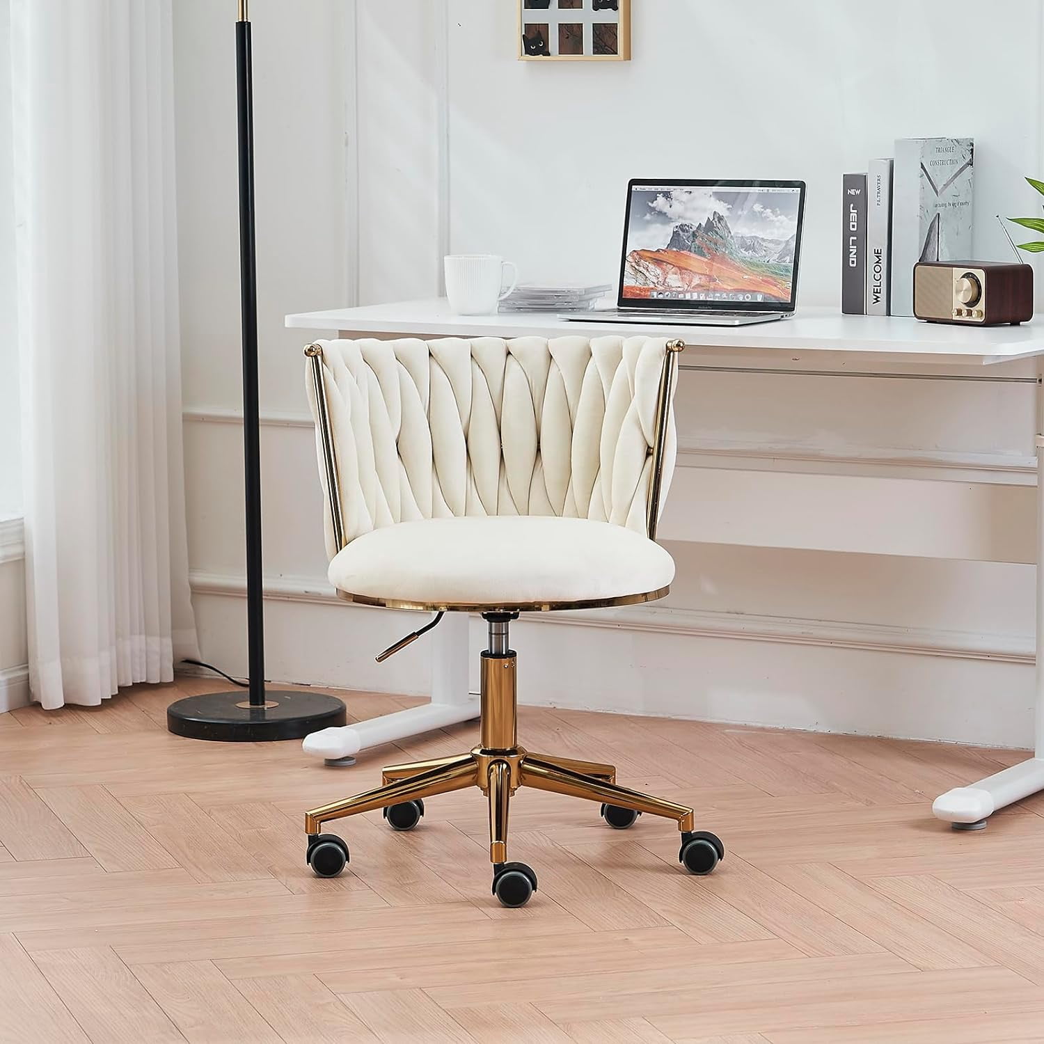 Upholstered Office Chair, Home Swivel Desk Chairs with Swivel Wheels ...