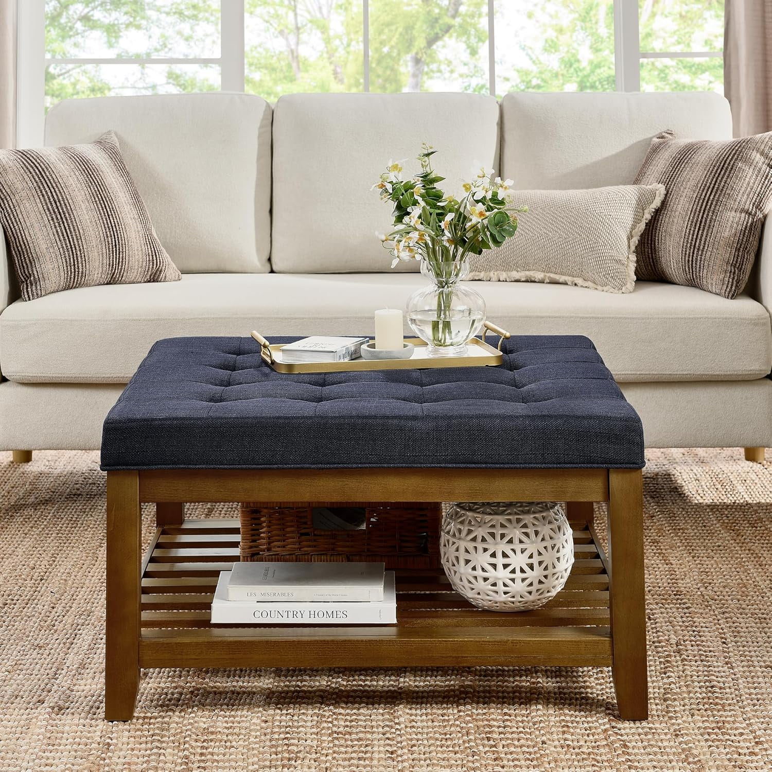 Upholstered Ottoman Coffee Table Tufted Linen Large Square Ottoman with ...