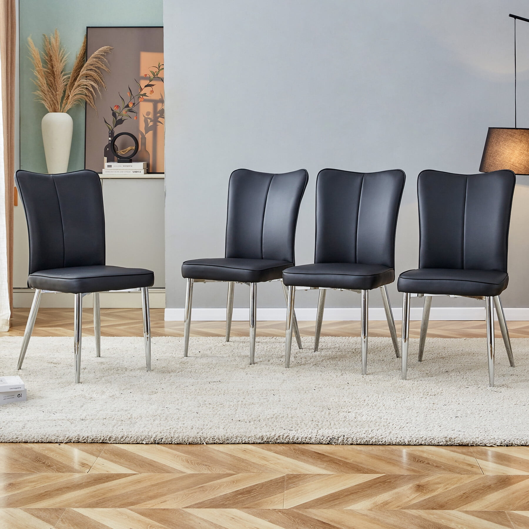 Upholstered PU Fabric Dining Chairs Set of 4, Classic Kitchen Armless ...