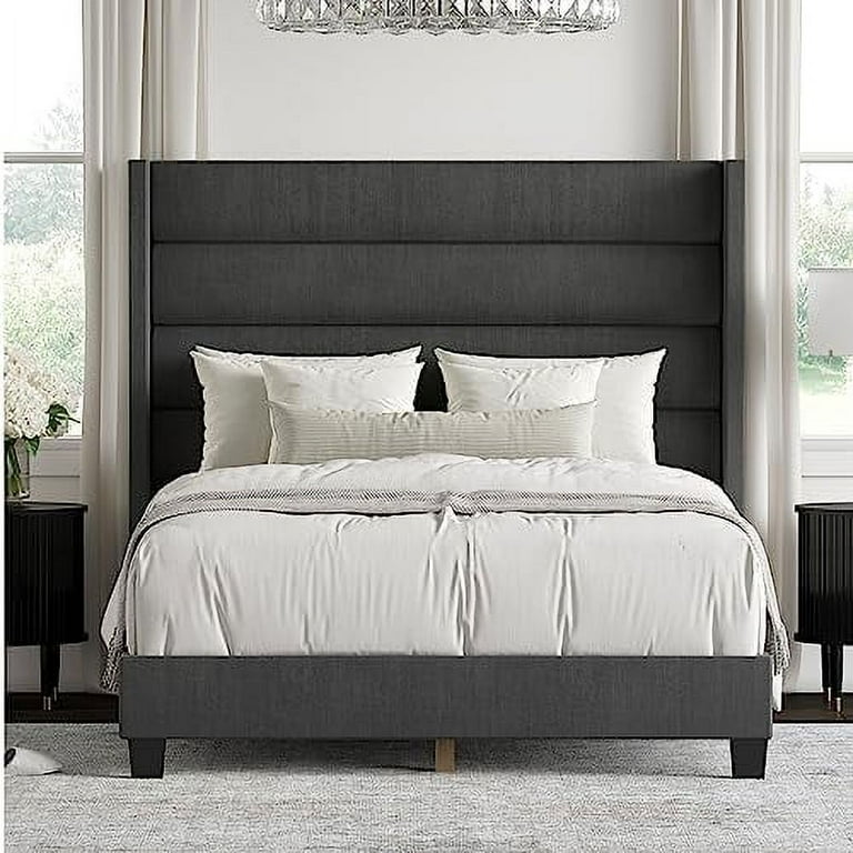 Upholstered Panel Bed Frame With Tall Tufted Horizontal Channel Wingback Headboard Queen Size In Charcoal Fabric Walmart