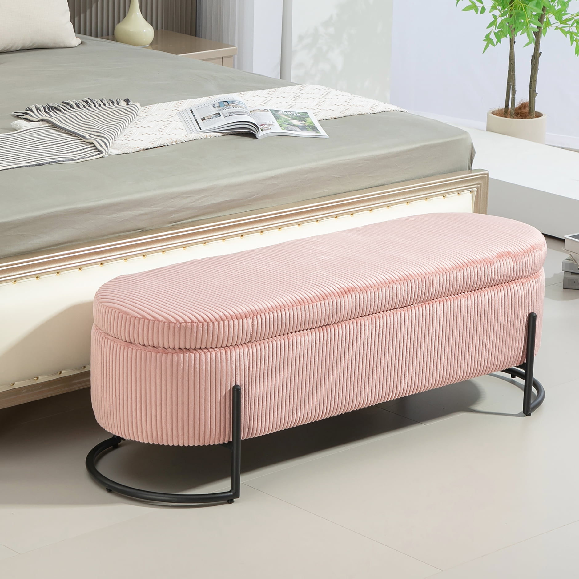 Upholstered Pink Storage Bench - Corduroy Fabric, Solid Wood Frame ...