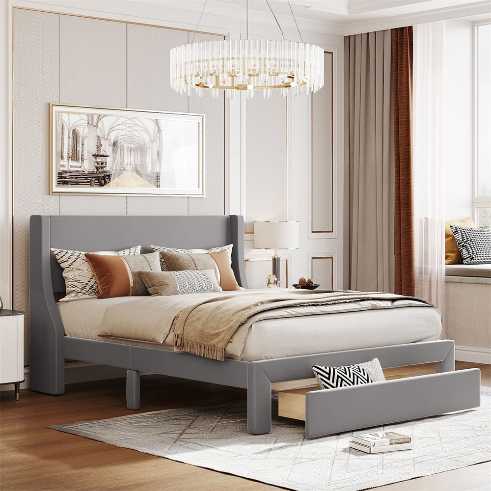 Upholstered Platform Bed with a Big Drawer, Queen Size Velvet ...