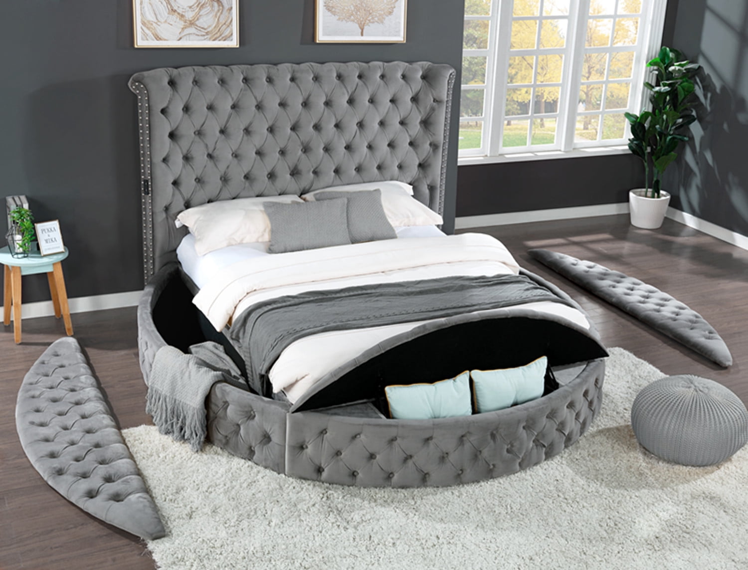 Upholstered Platform Bed with Bluetooth Speaker and Storage Box, Queen ...