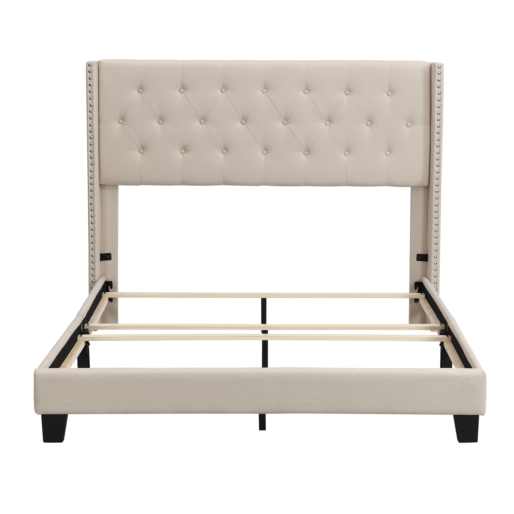 Queen Linen Upholstered Platform Bed with Classic Headboard, Box Spring ...