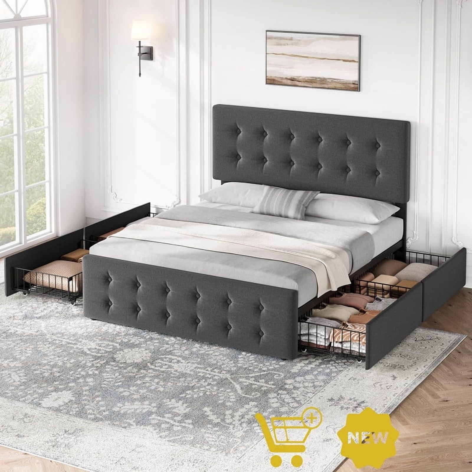 Upholstered Platform Bed Frame with 4 Storage Drawers, Adjustable ...