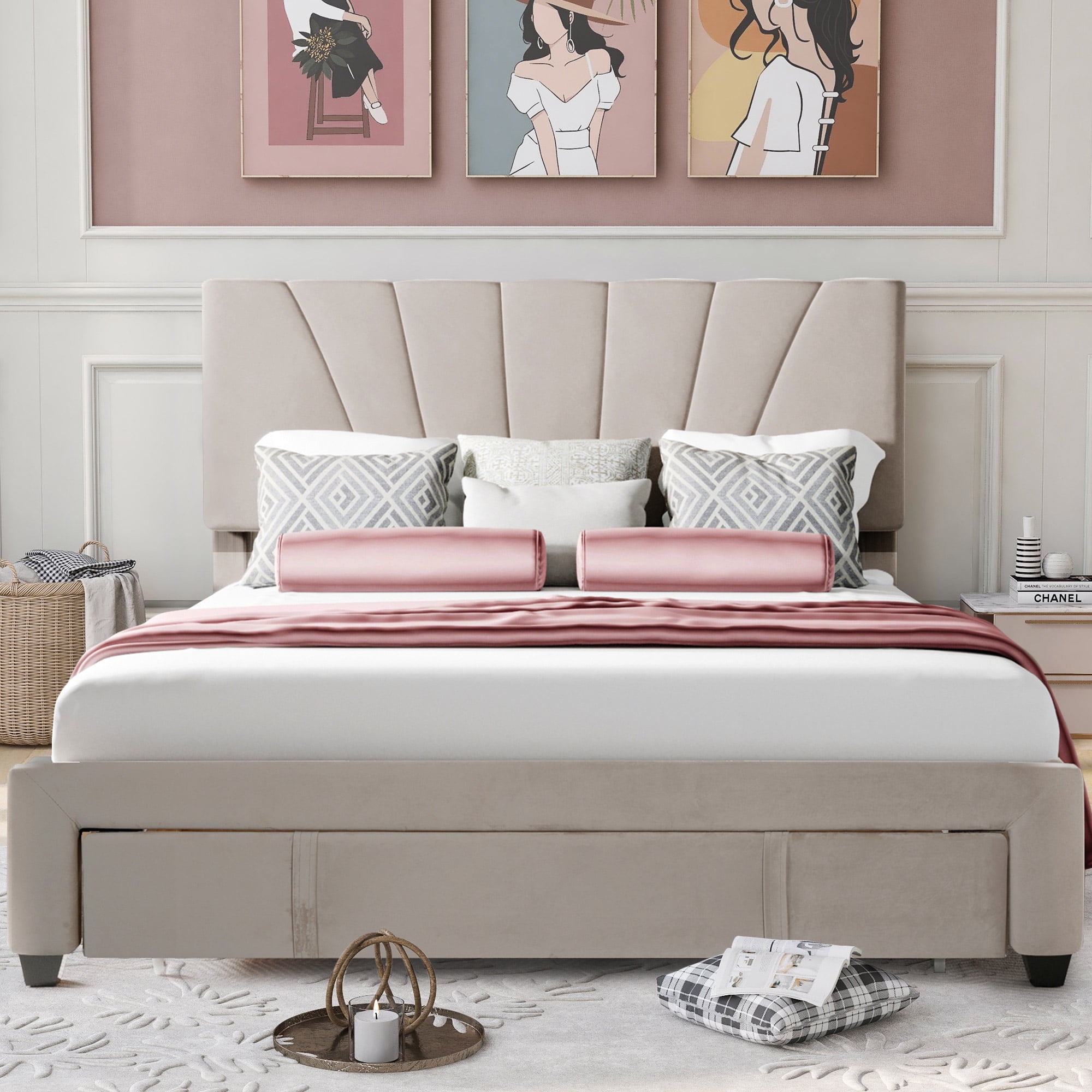 Upholstered Platform Bed Frame, Modern Queen Size Velvet Platform Bed ...