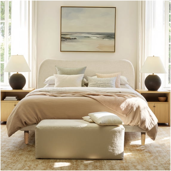 Upholstered Platform Bed Frame with Curved Headboard, Queen Size, Light ...