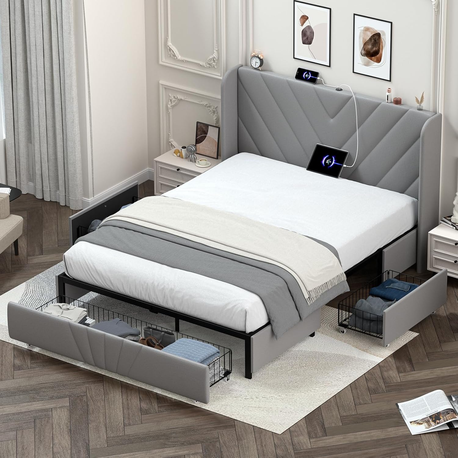 Upholstered Platform Bed Frame with USB and Type-C Ports,V-Shape ...