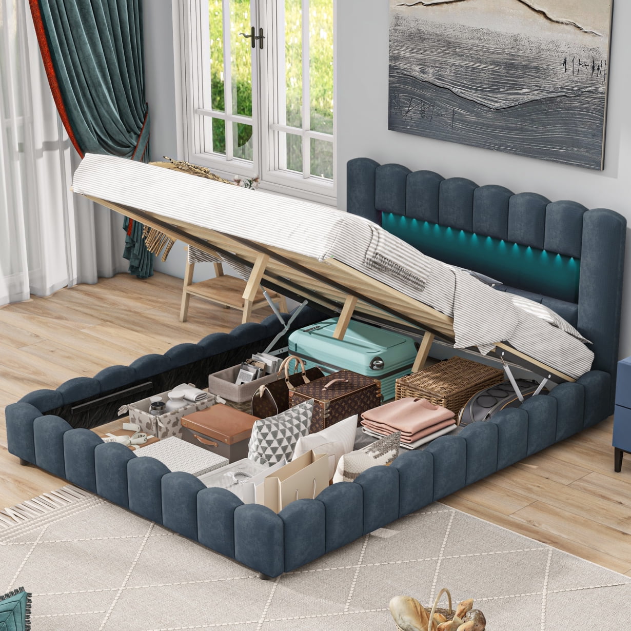 Upholstered Platform Bed with LED Headboard and USB, Queen Size ...