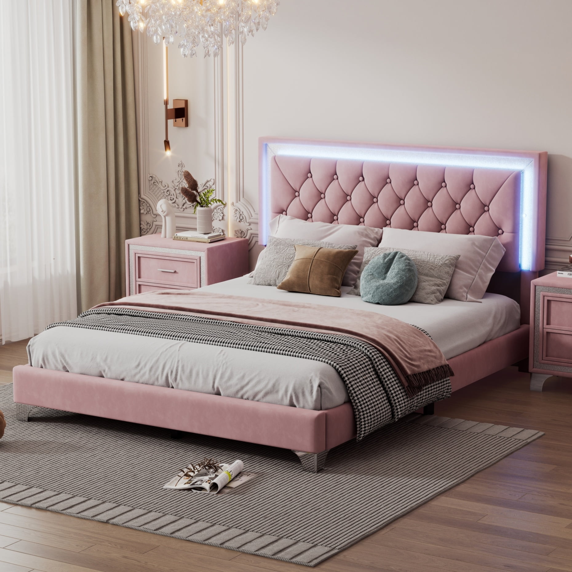 Upholstered Platform Bed with LED Lights, Queen Size Platform Bed Frame ...