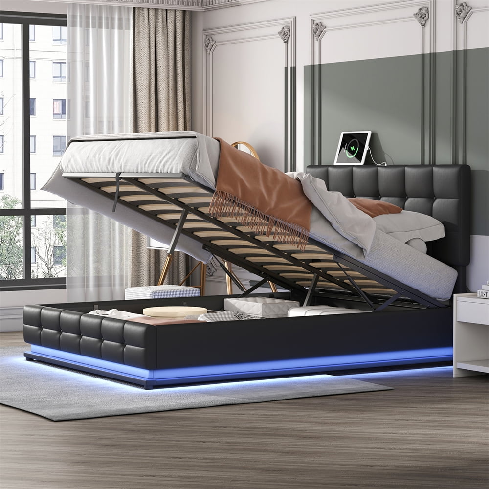 Upholstered Platform Bed with LED Lights and USB Charger, Queen Size PU ...